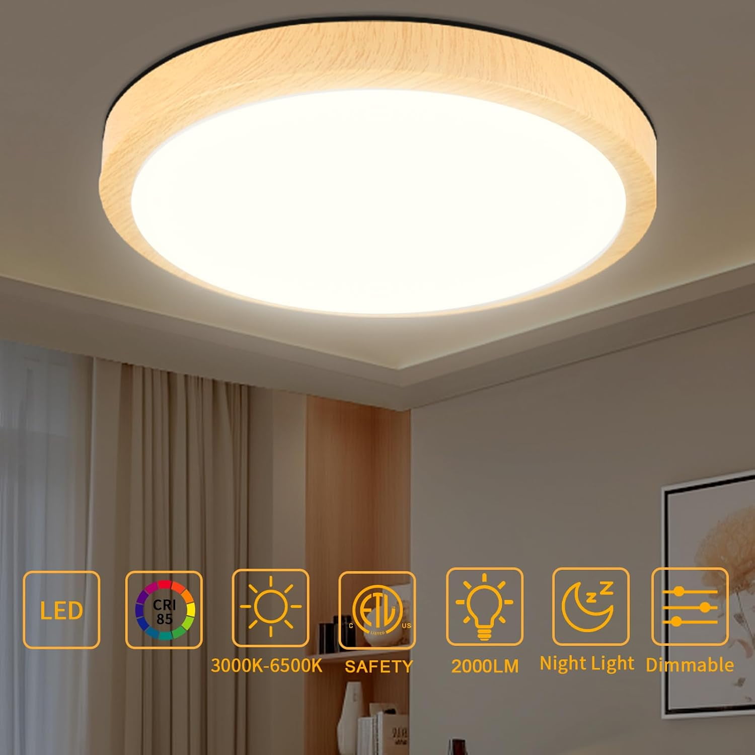 UITTG-Wood LED Flush Mount Ceiling Light,3000K-6500K Modern Round Close ...