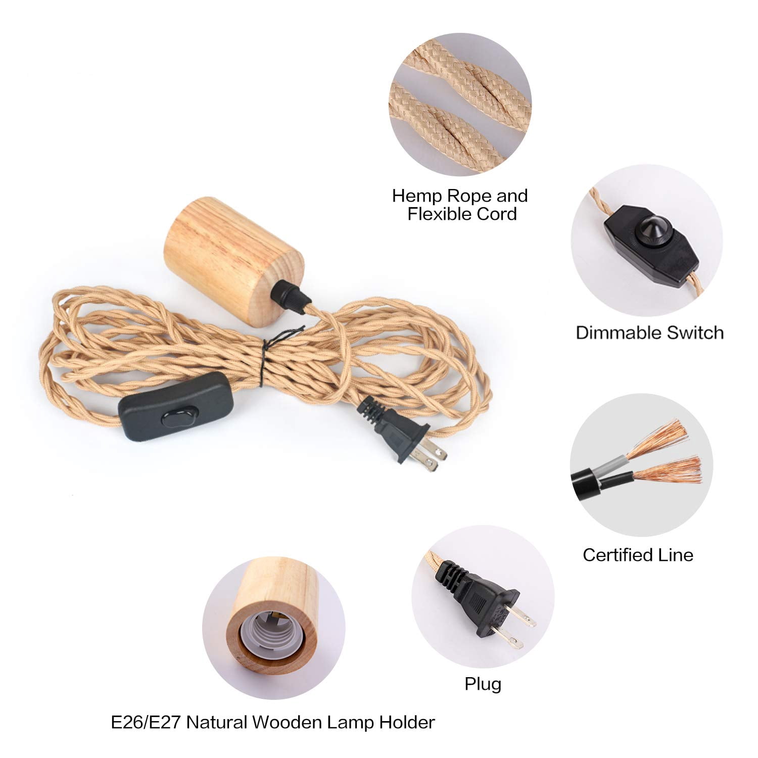 UITTG-Wood Pendant Light Cord Kit with Dimmable Switch,16.4FT Vintage ...