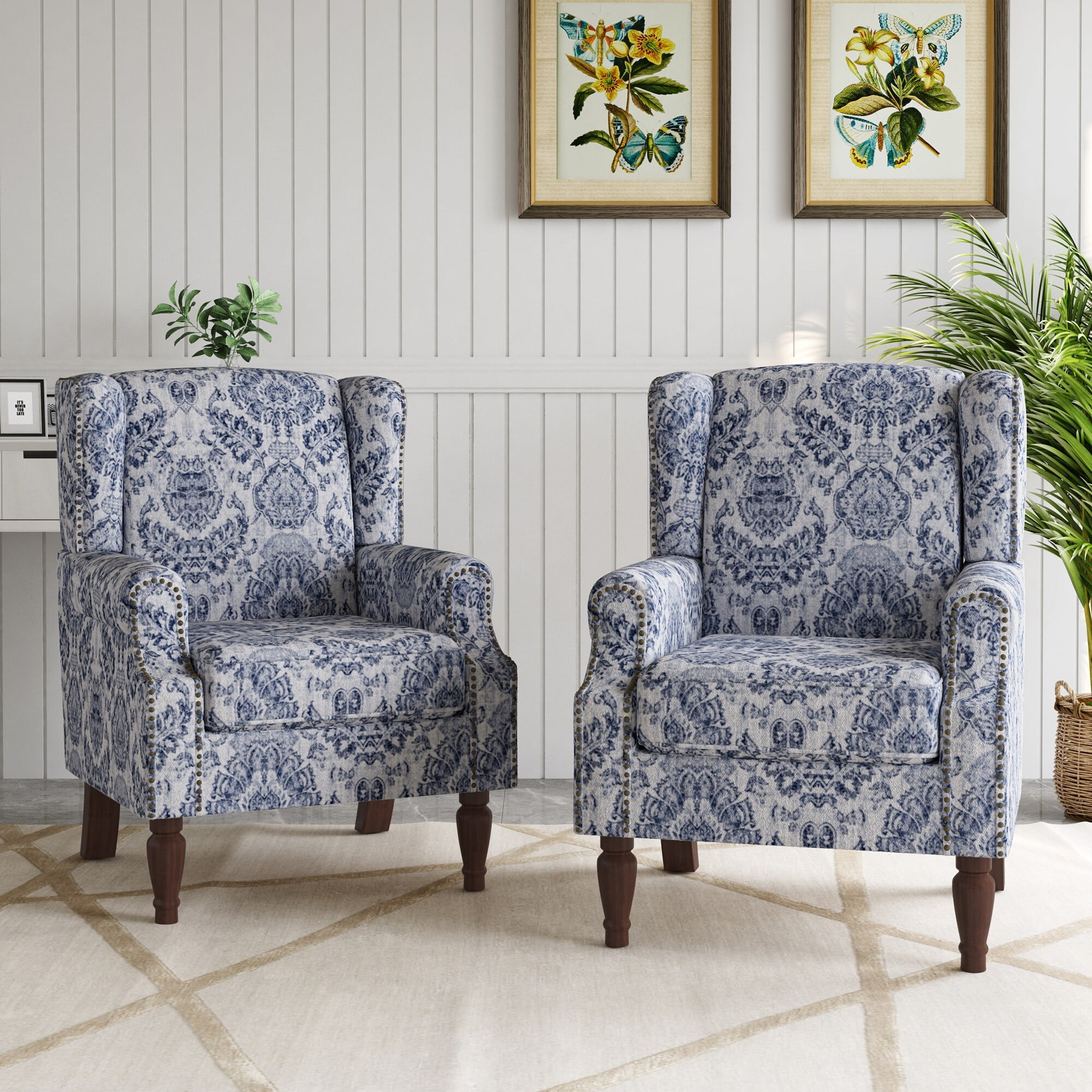 UIXE 2 PCS Wingback Accent Chair, Floral Pattern Arm Chair for Living ...