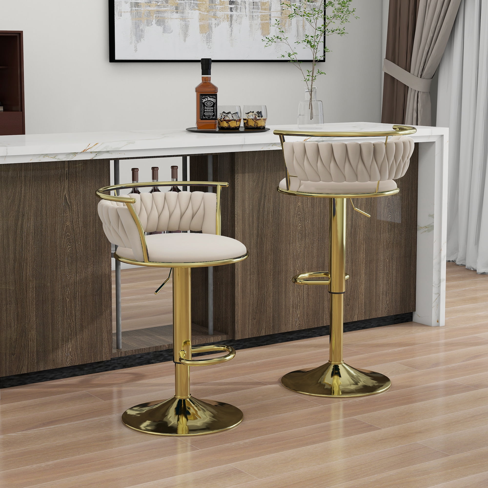 UIXE 360° Swivel Bar Stools Velvet Upholstered Adjustable Bar Chairs ...