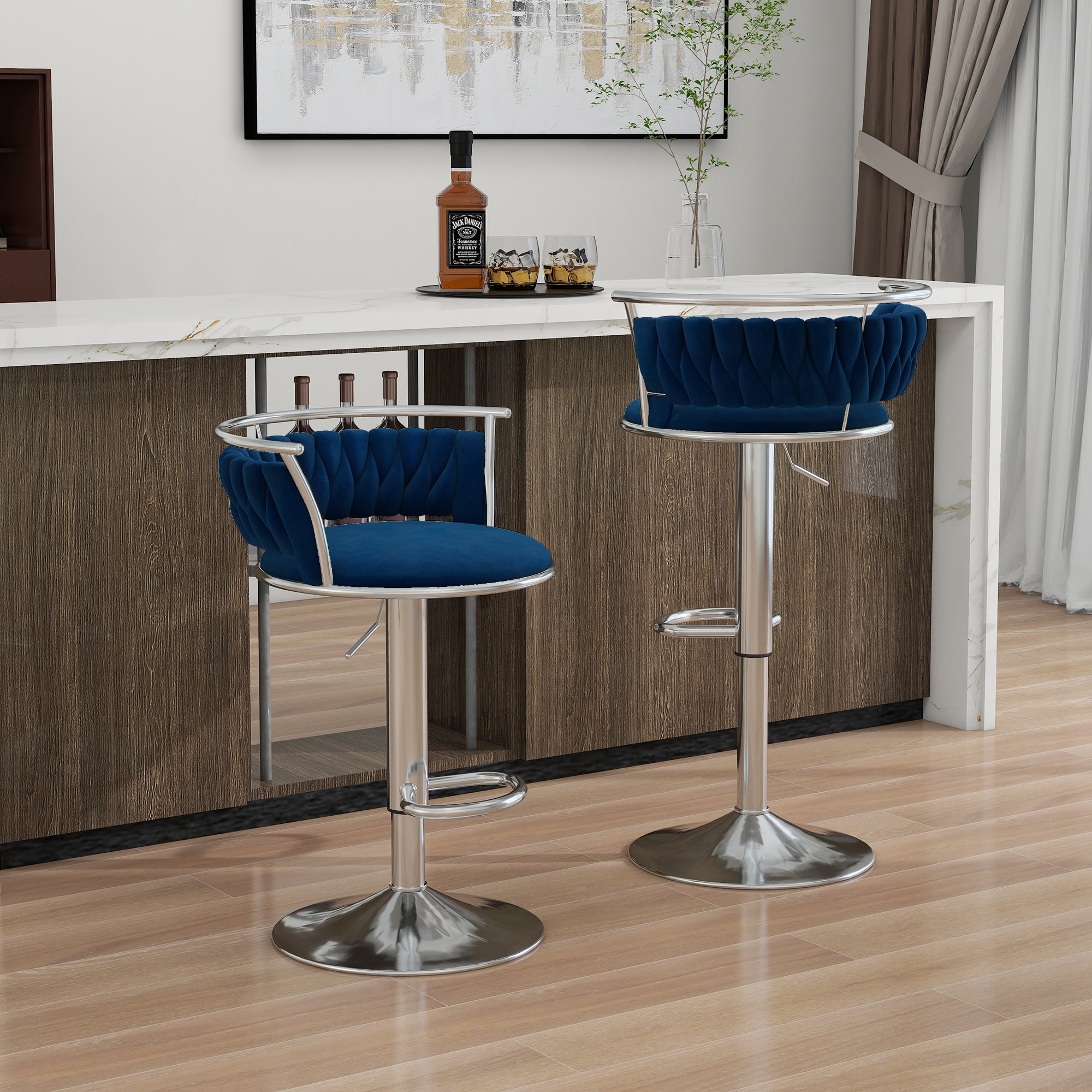 UIXE 360° Swivel Bar Stools Velvet Upholstered Adjustable Bar Chairs ...