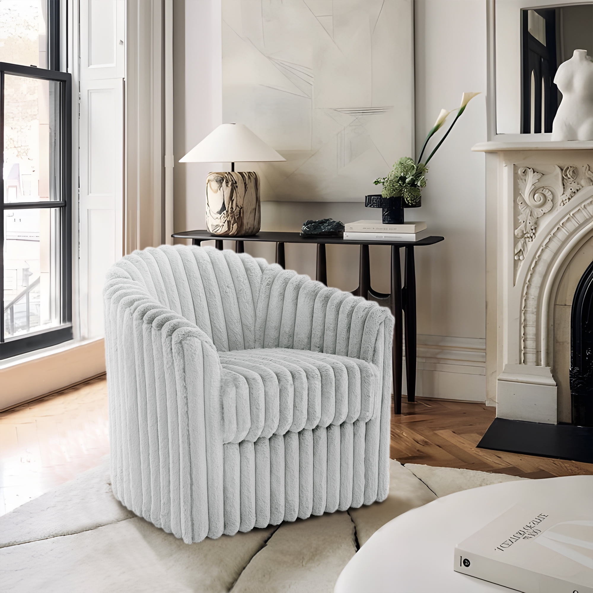 UIXE 360° Swivel Barrel Chair Curved Faux Fur Accent Chair Art Decor ...