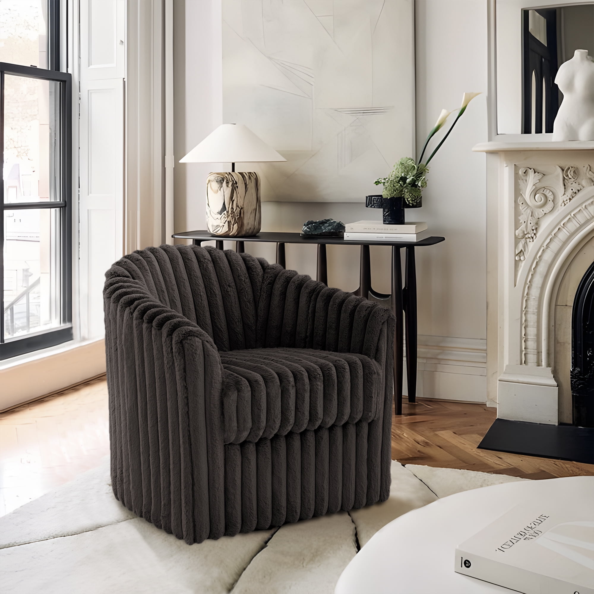 UIXE 360° Swivel Barrel Chair Curved Faux Fur Accent Chair Art Decor ...