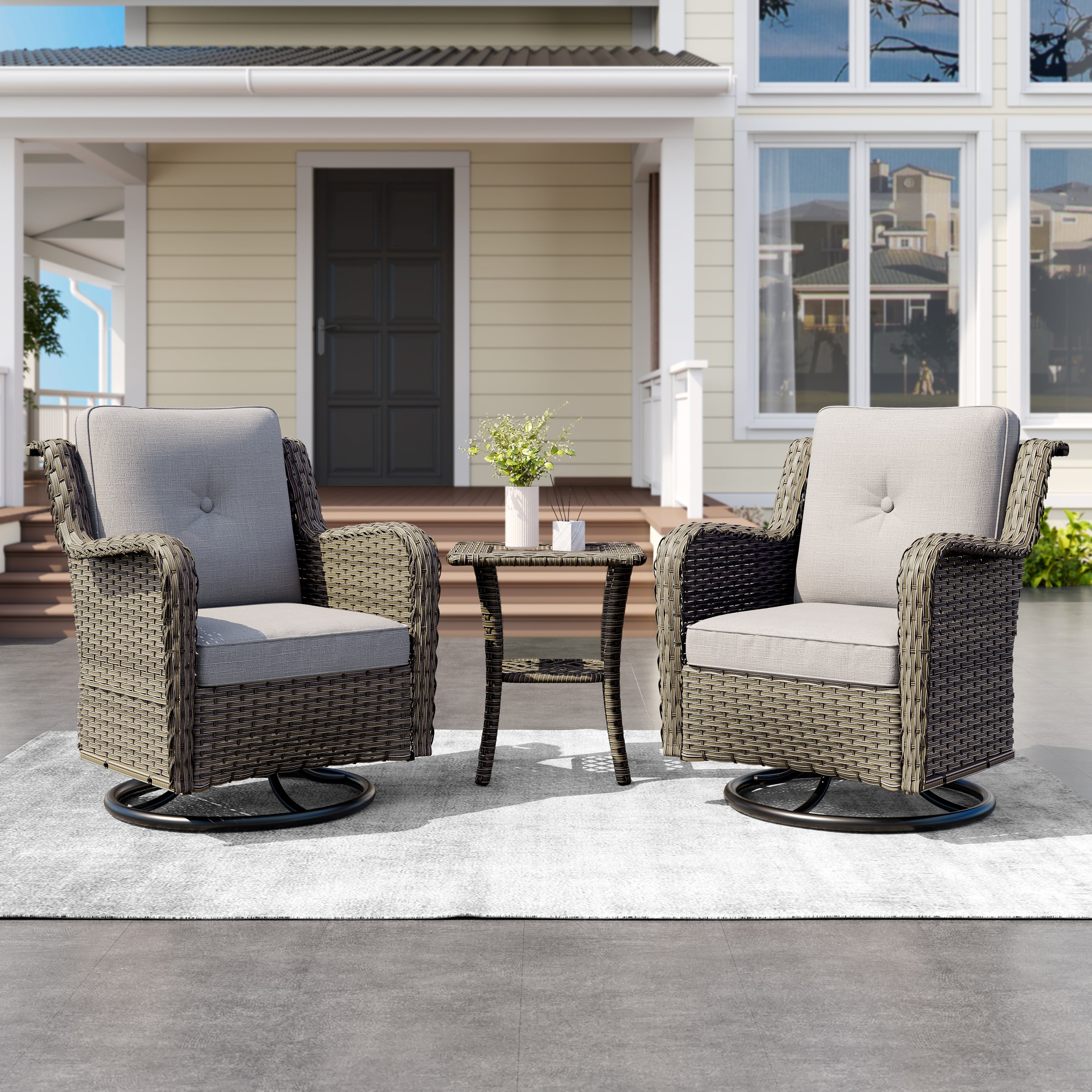 UIXE 3PCS Outdoor Wicker Swivel Gliders Set, Patio Swivel Rocker Lounge ...