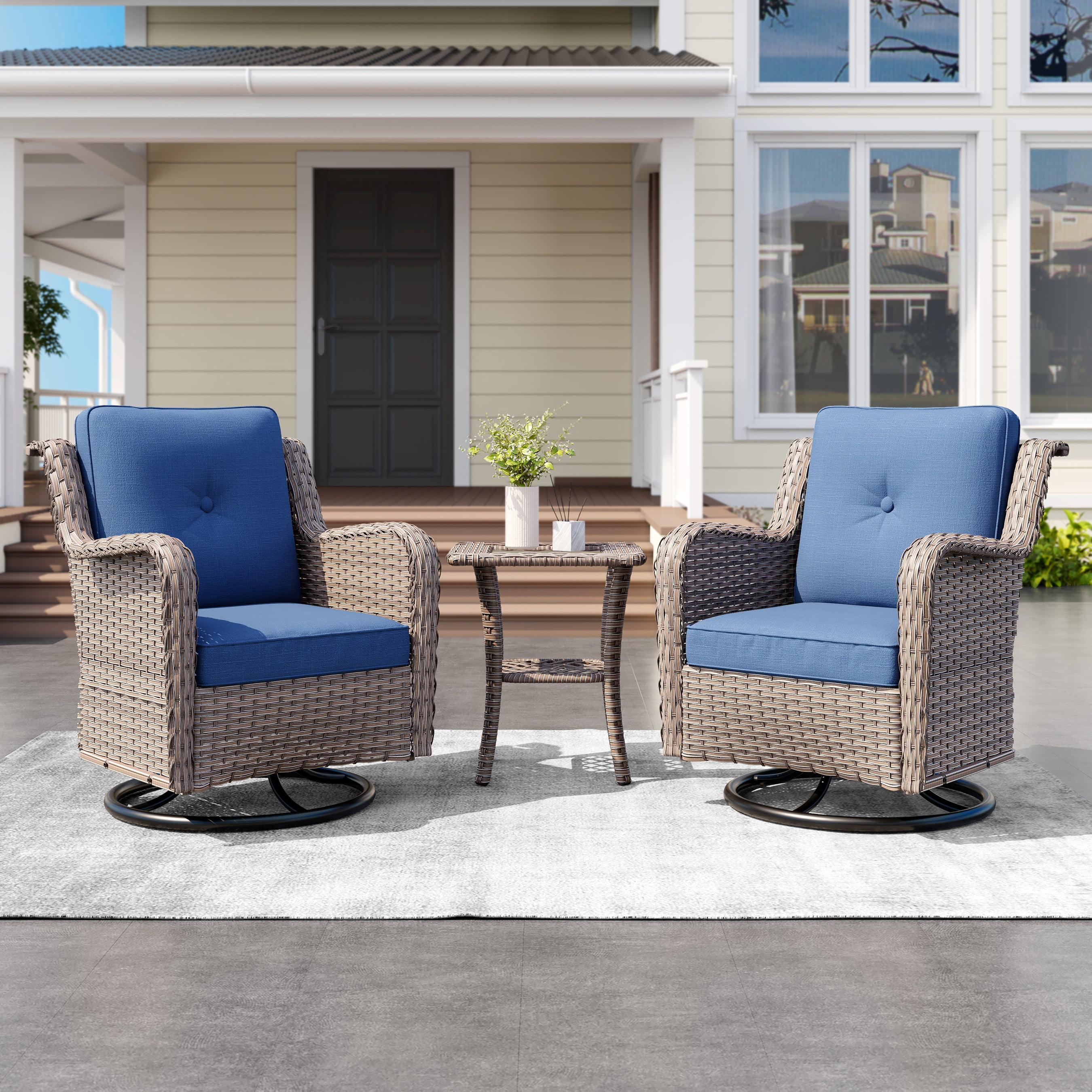 UIXE 3PCS Outdoor Wicker Swivel Gliders Set, Patio Swivel Rocker Lounge ...