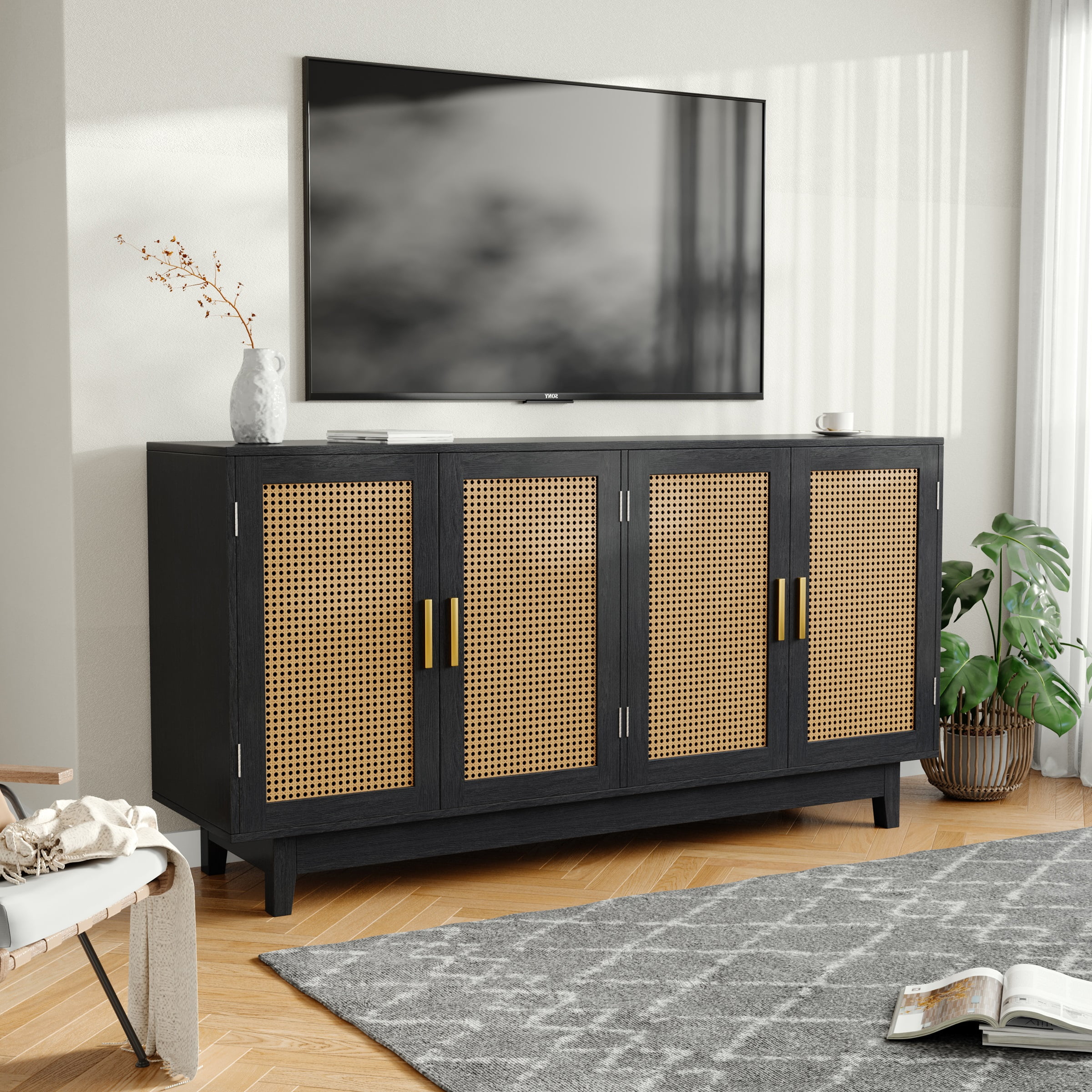 UIXE 4-Door Rattan Storage Cabinet Accent Furniture Heavy-Duty Cupboard ...