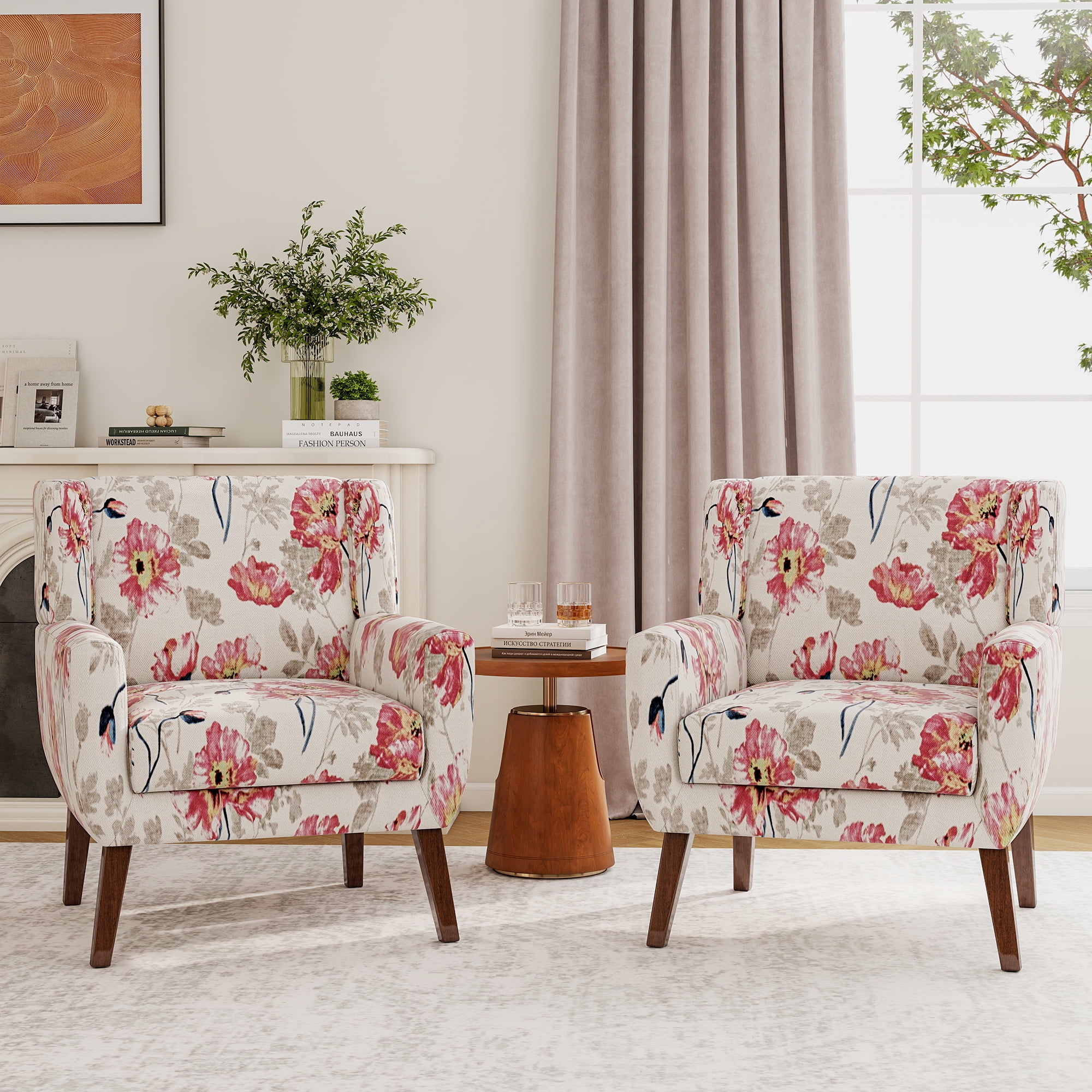 UIXE Floral Accent Chair Set of 2 Upholstered Armchair for Living Room ...