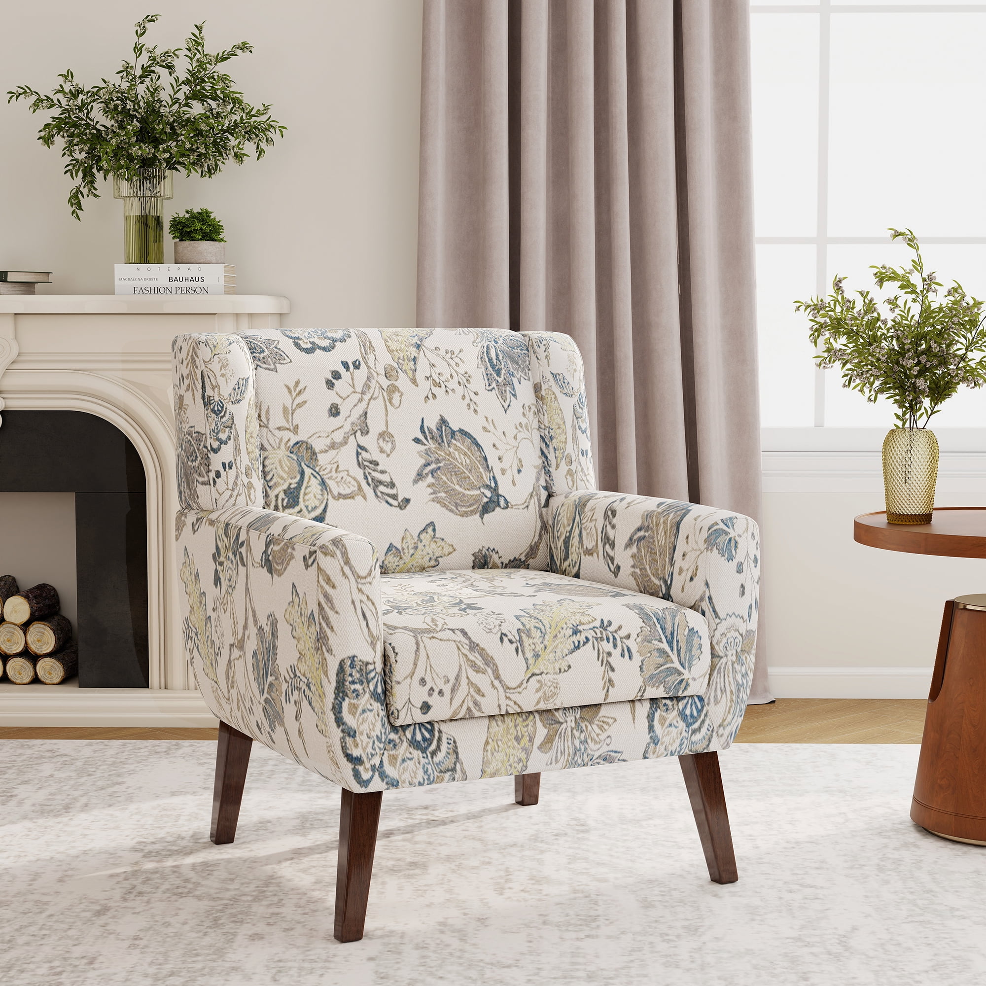 UIXE Floral Accent Chairs Linen Fabric Armchair for Living Room Bedroom ...