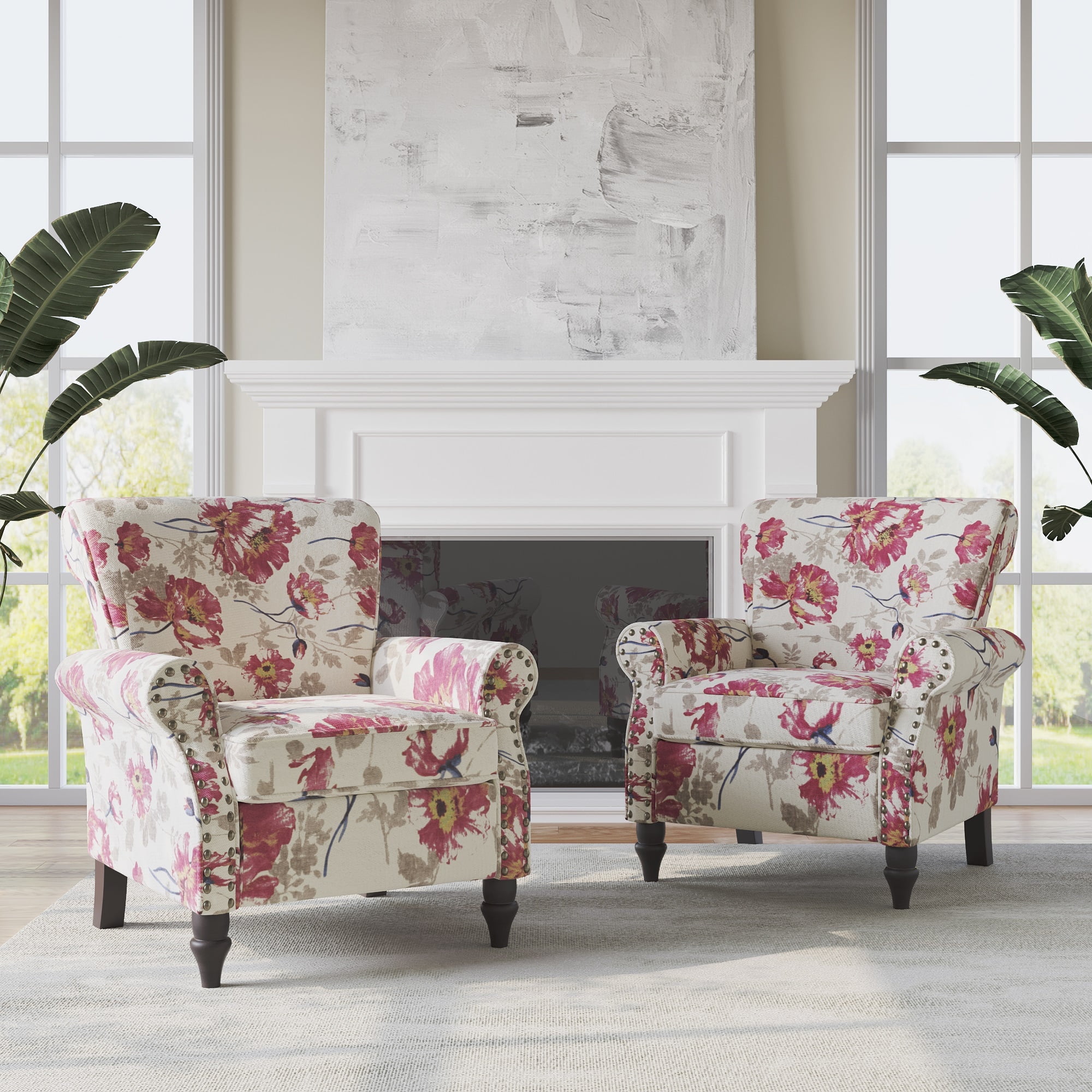 UIXE Floral Pattern Accent Chairs Set of 2 Upholstered Arm Chair Linen ...