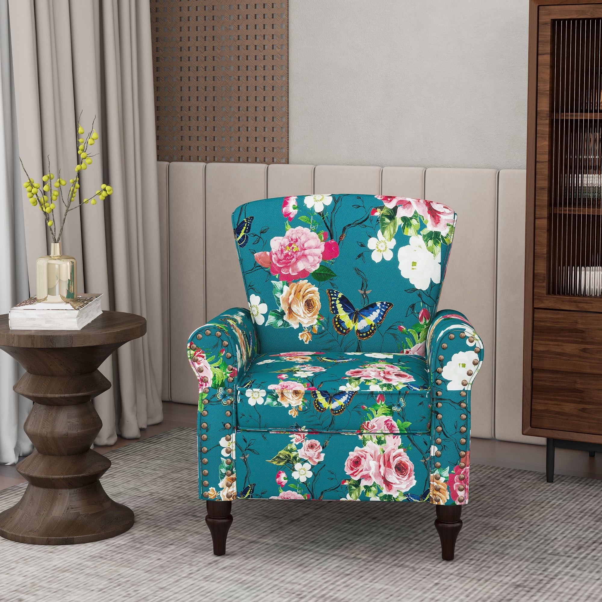 UIXE Floral Pattern Accent Chairs Upholstered Arm Chair Linen Fabric ...