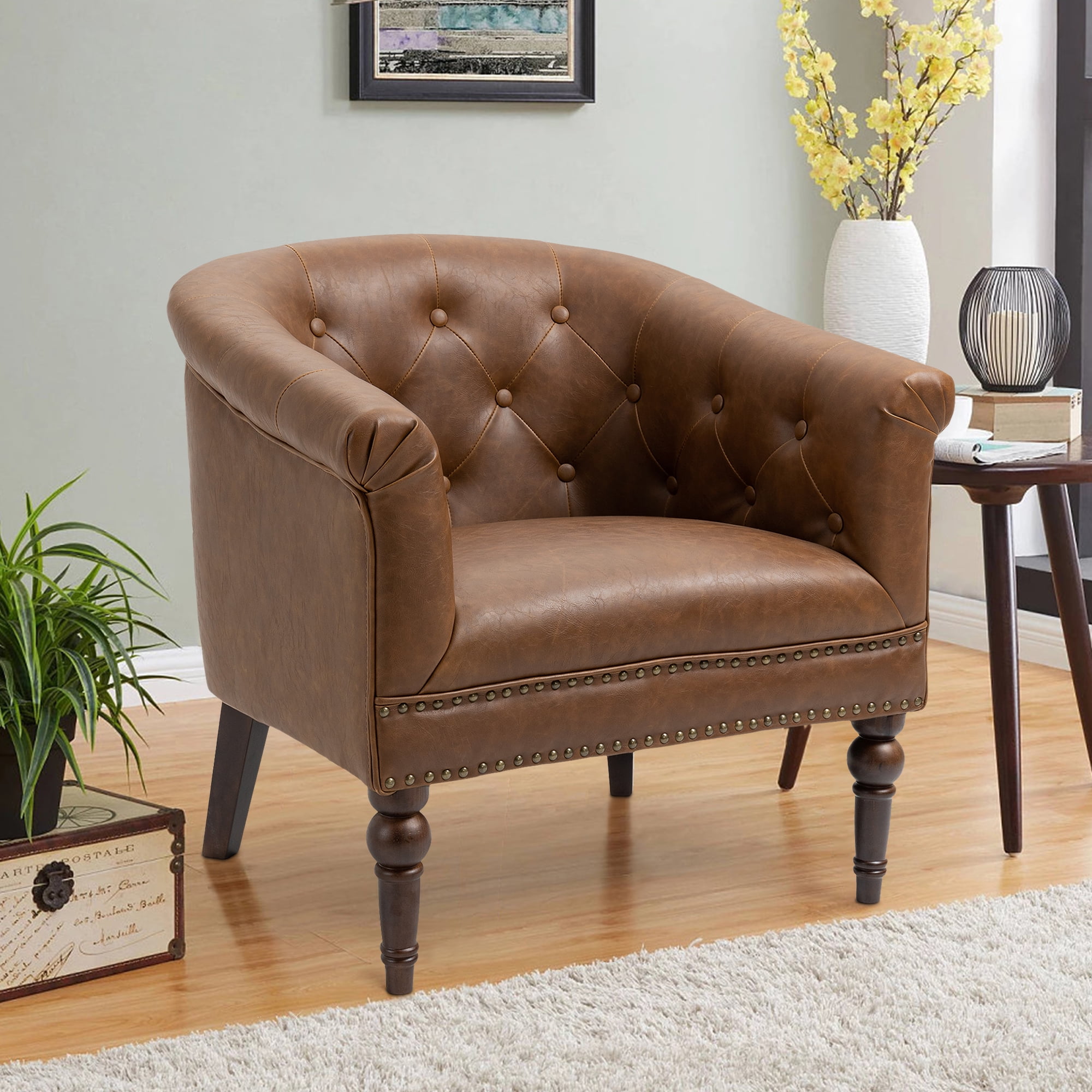 UIXE Brown Barrel Club Chair Modern Arm Accent Chair Comfy Faux Leather ...