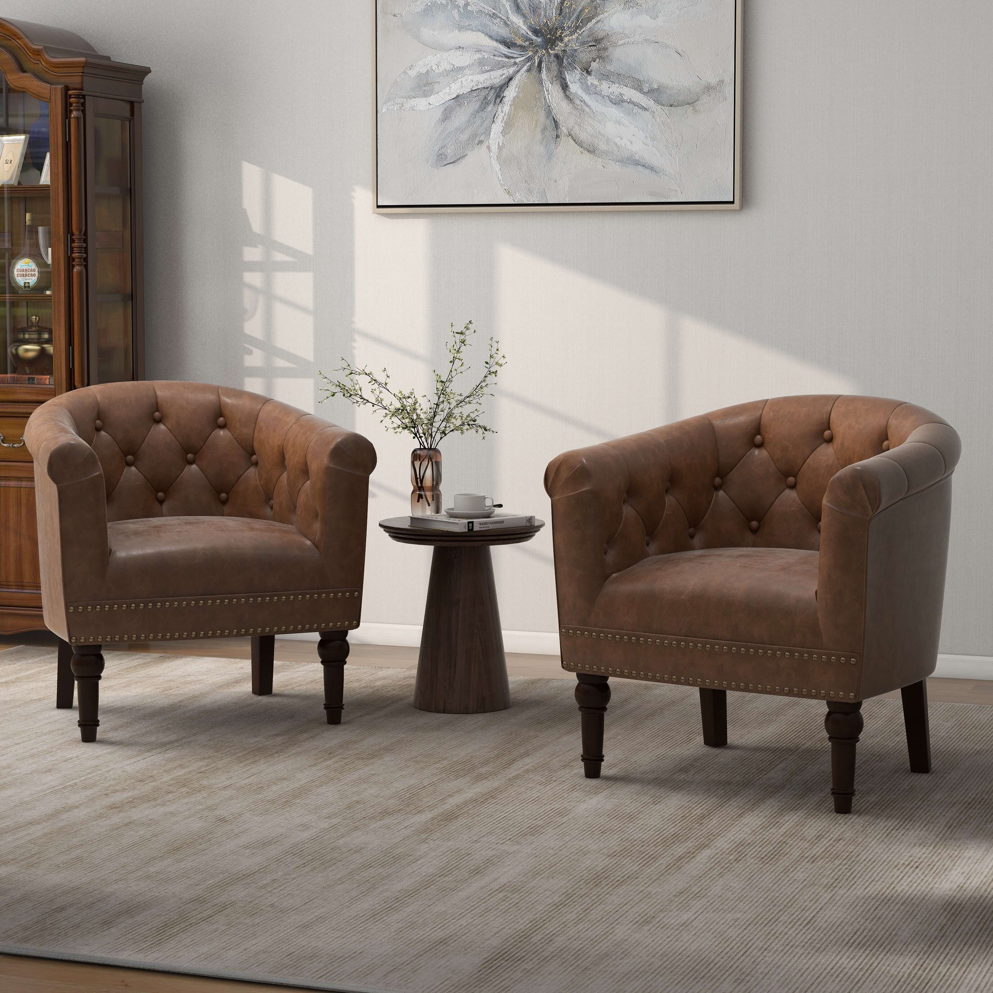 UIXE Brown Barrel Club Chair Set of 2 Modern Arm Accent Chair Comfy ...