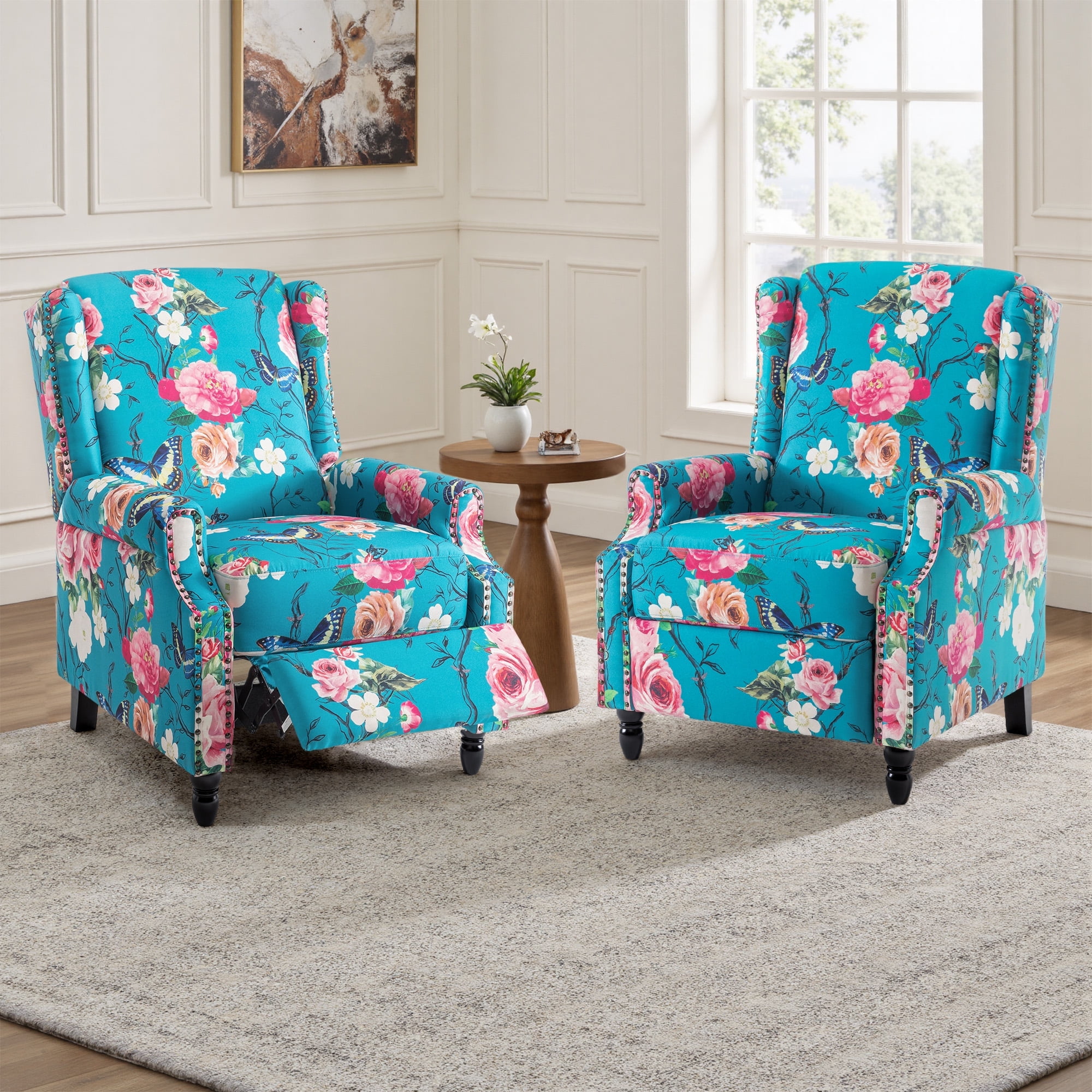 UIXE Floral Pushback Recliner Chairs Set of 2, Fabric Upholstered ...