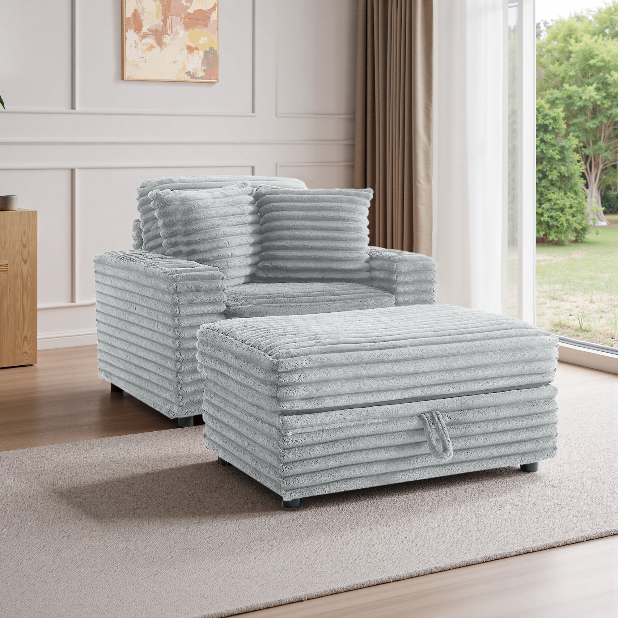 UIXE Oversized Accent Chair with Storage Ottoman & Cup Holder, Faux Fur ...