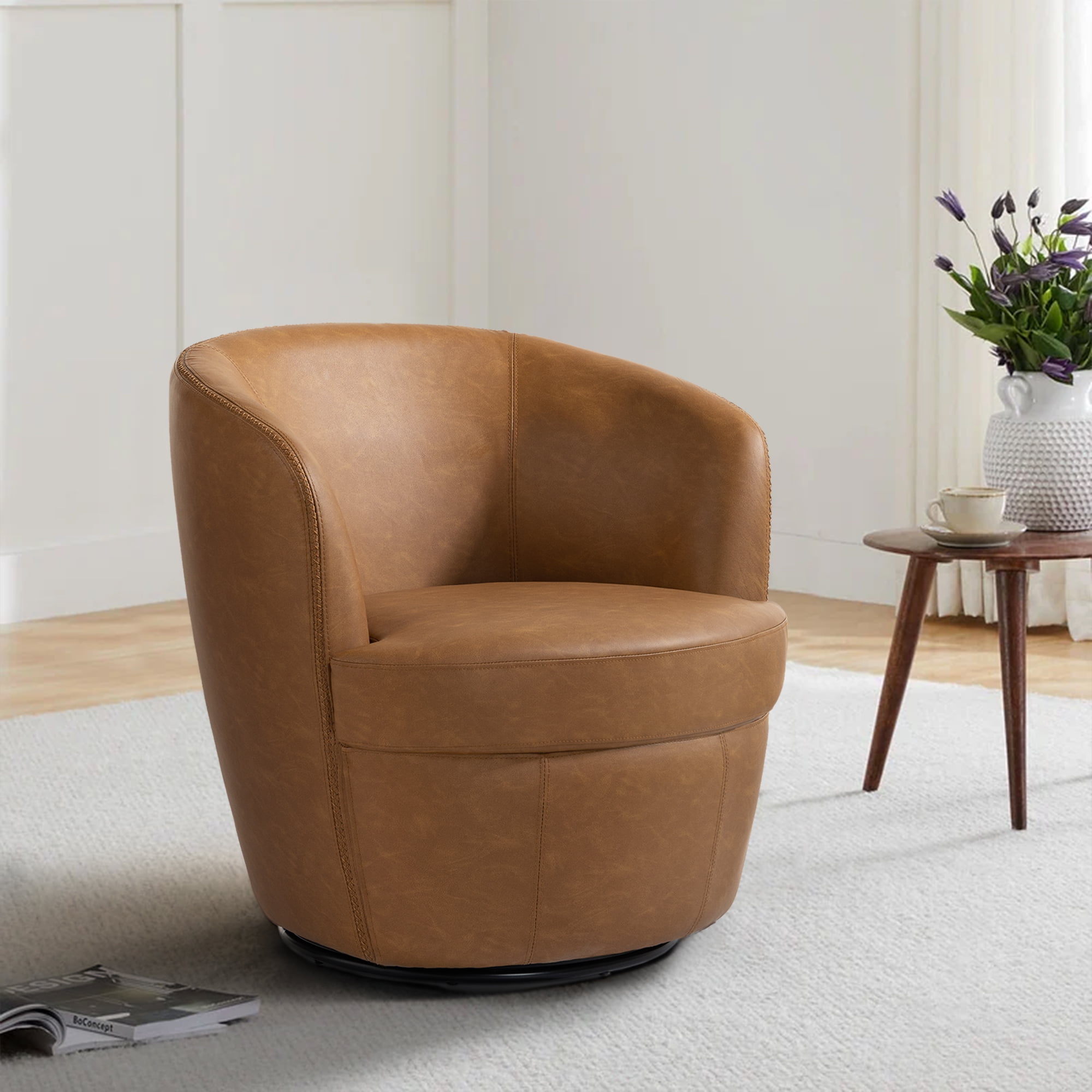 UIXE Swivel Accent Chair Faux Leather Barrel Chair Upholstered Armchair ...