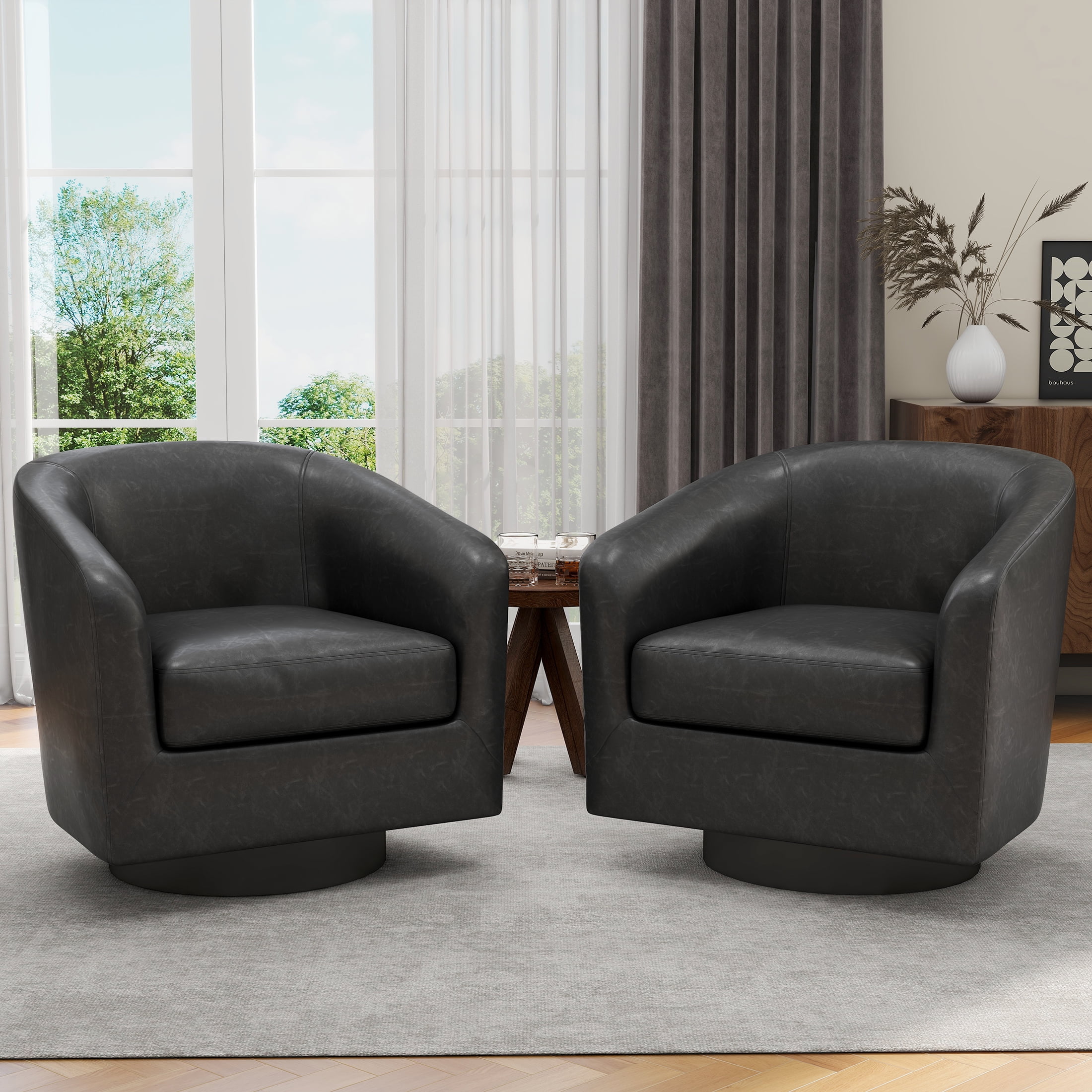 UIXE Swivel Accent Chairs Set of 2, PU Leather Barrel Club Chair ...