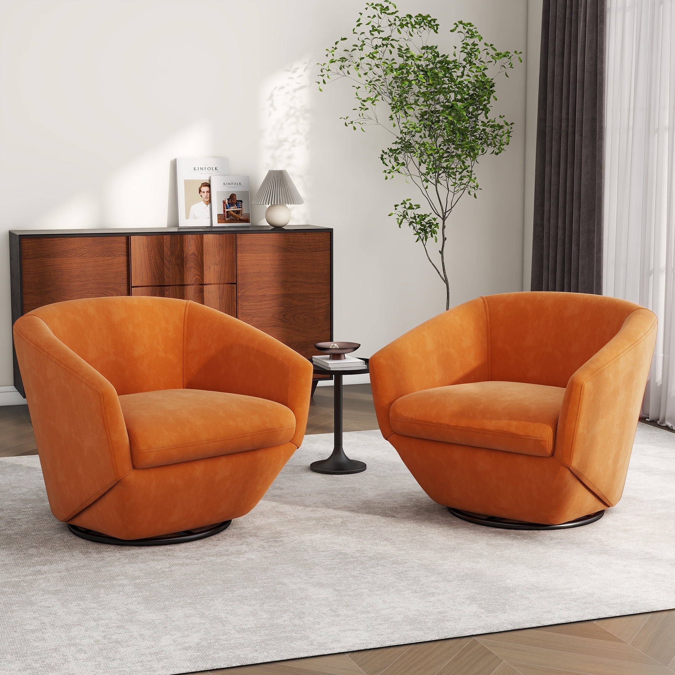 UIXE Swivel Barrel Accent Chair Set of 2 Modern Round Velvet Fabric Arm Chair for Living Room ...