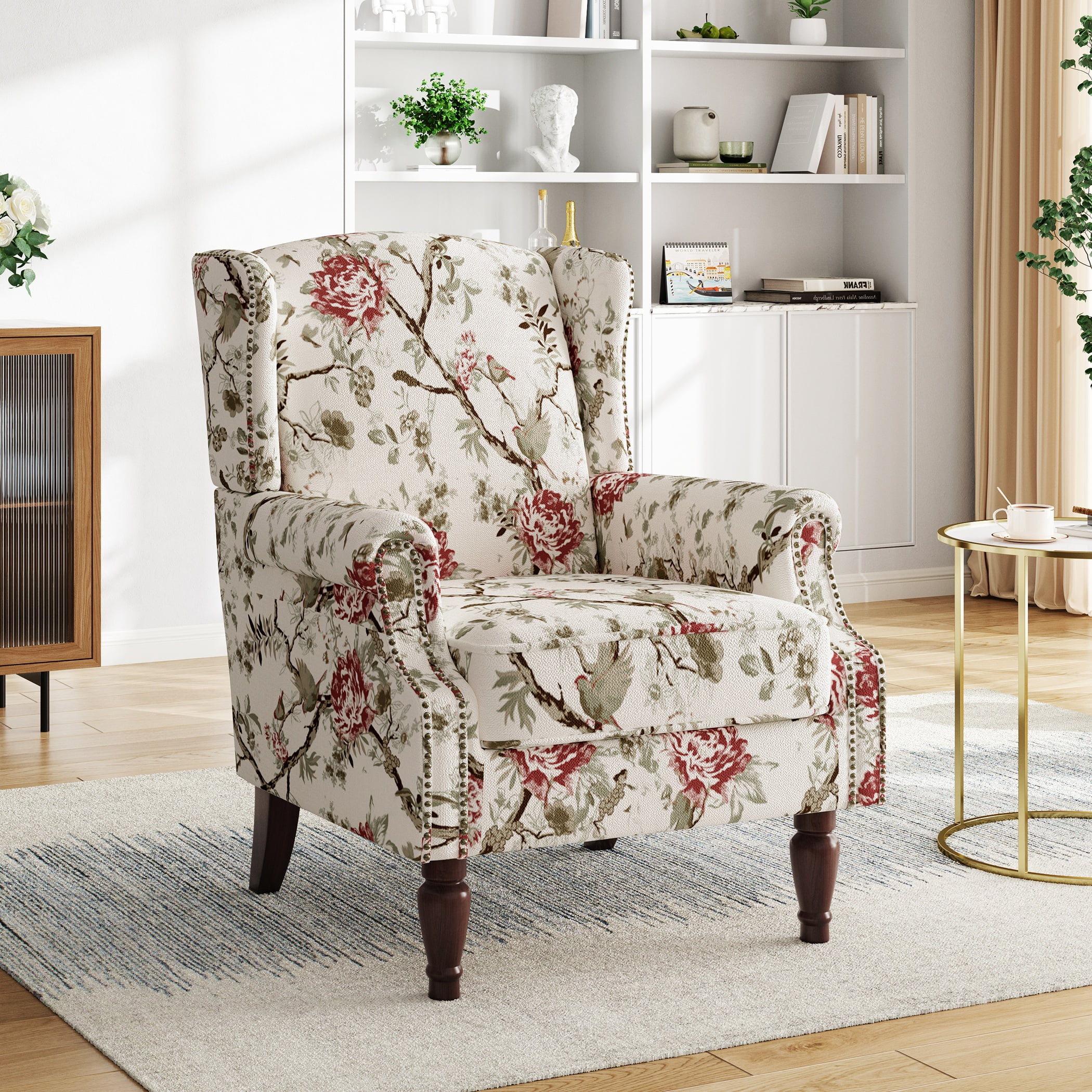 UIXE Wingback Accent Chair Nailhead Trim Floral Pattern Arm Chair for ...