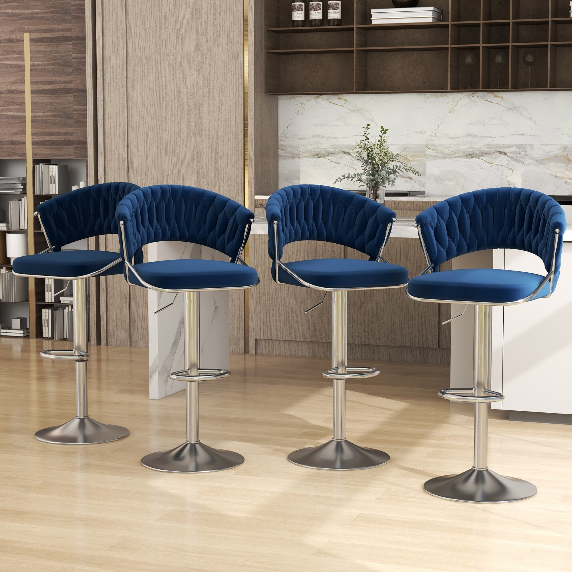 UIXE Velvet Navy Blue Bar Stools Set of 4 Modern High Back Swivel ...