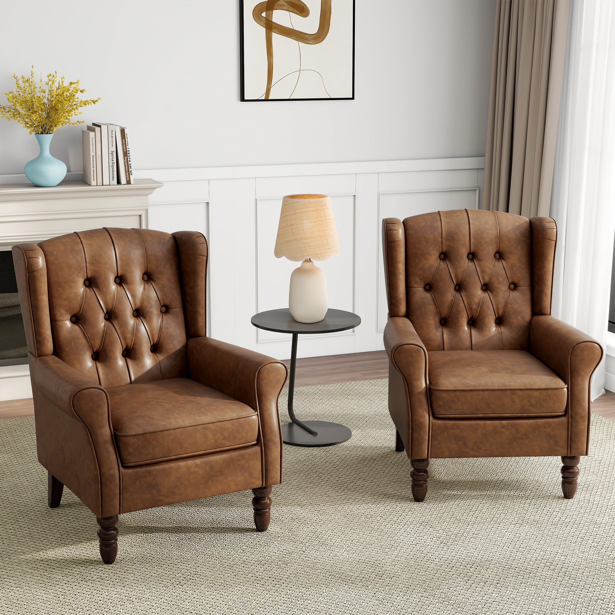 UIXE Wingback Accent Chair Set of 2, PU Leather Upholstered Armchair ...