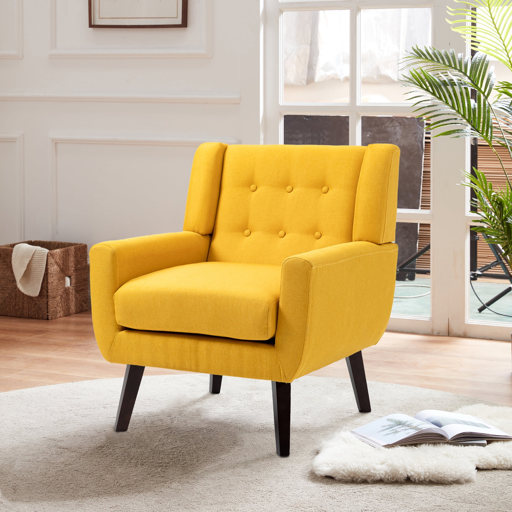 UIXE Yellow Accent Chair, Linen Upholstered Armchair, Midcentury Modern ...