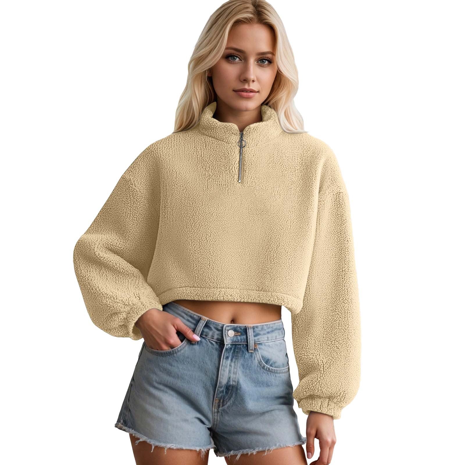 UJNDER Women's Half High Neck Zip Up Cropped Sweatshirt Long Sleeve ...