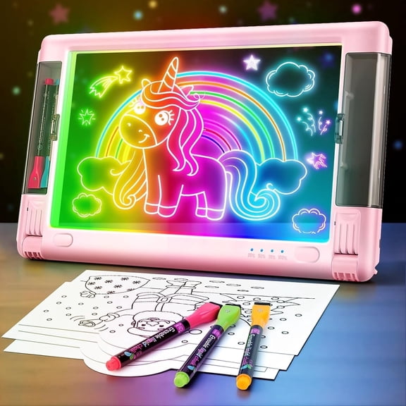 Rechargeable 16" LED Glow Drawing Board with 7 Neon Colors, Stand, 5 ...
