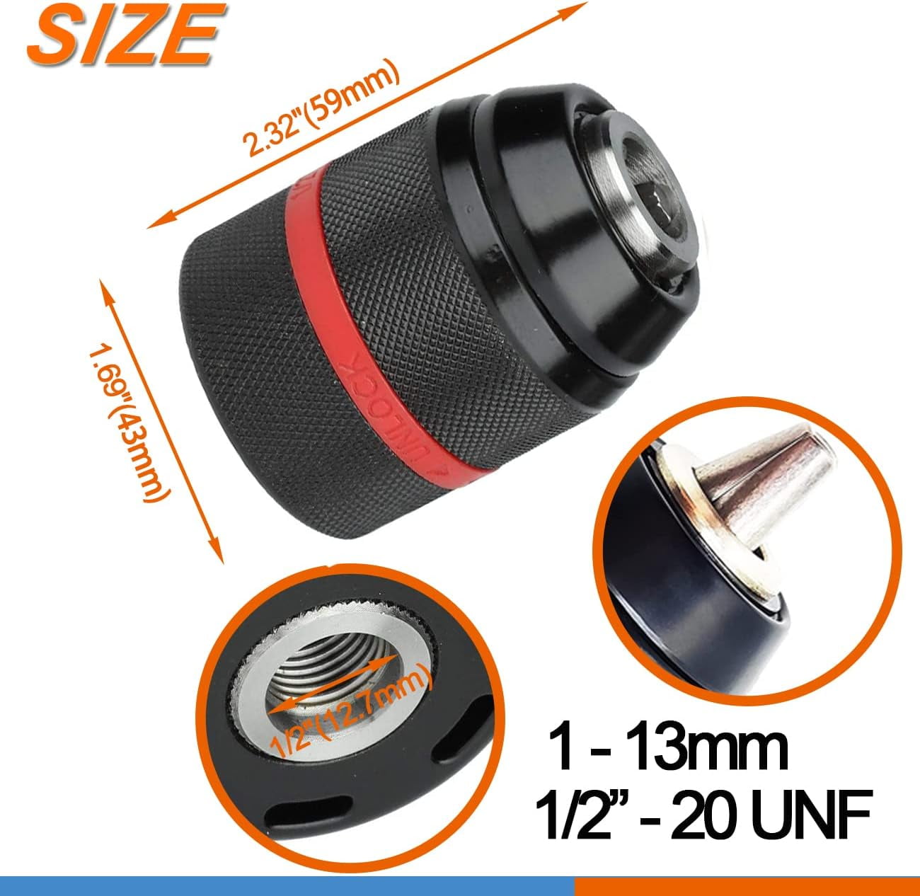 UKLL-1-13mm Keyless Drill Chuck Adapter Kit 1/2"-20UNF with SDS-Plus ...