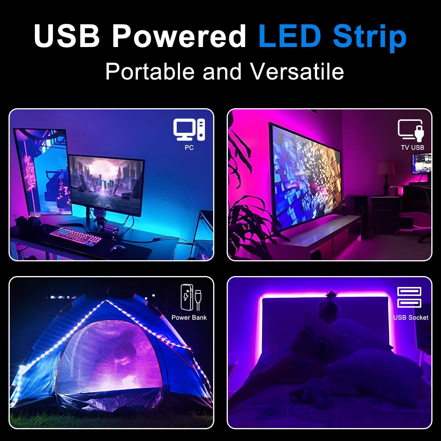 UKLL-100ft LED Strip Lights USB-Powered, Music Sync RGB LED Strip ...