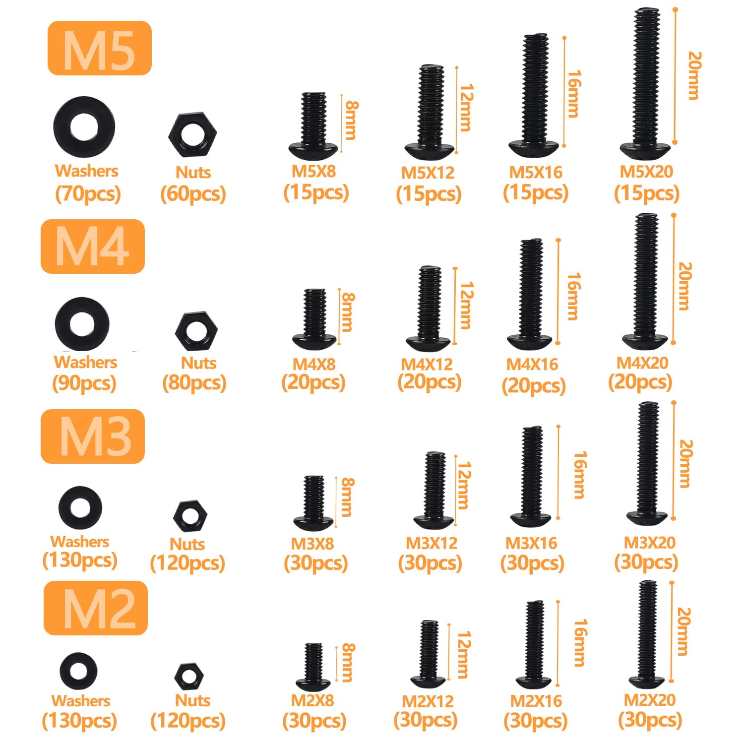 UKLL-1180pcs Metric Nuts and Bolts Washers Assorted Set M2 M3 M4 M5 ...