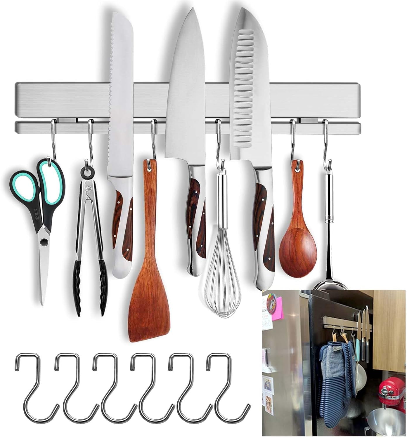 UKLL-12 Inch Magnetic Knife Holder for Refrigerator with 6 Hooks ...