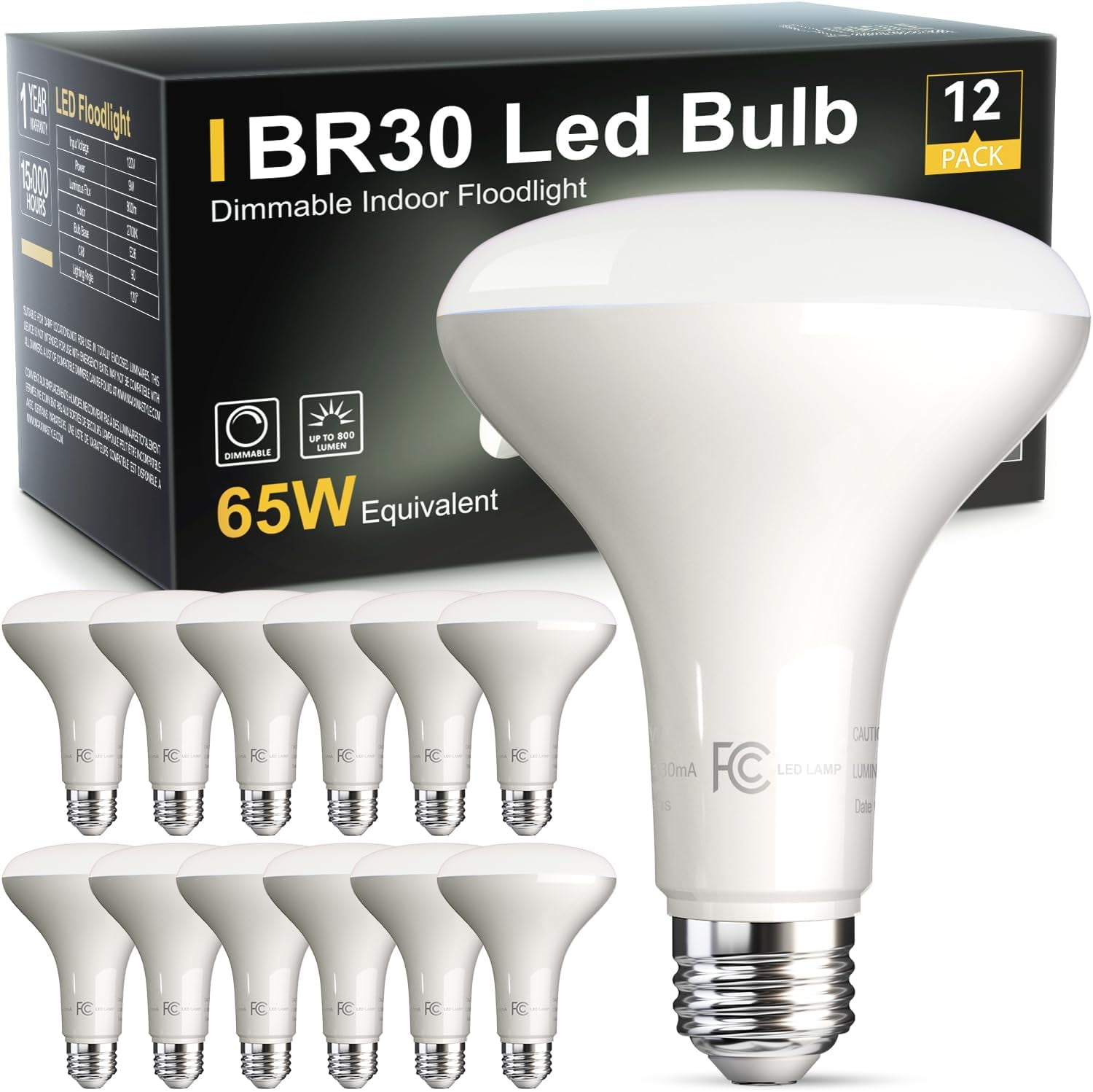 UKLL-12 Pack BR30 Led Bulb 65W Equivalent, Dimmable LED Flood Light ...