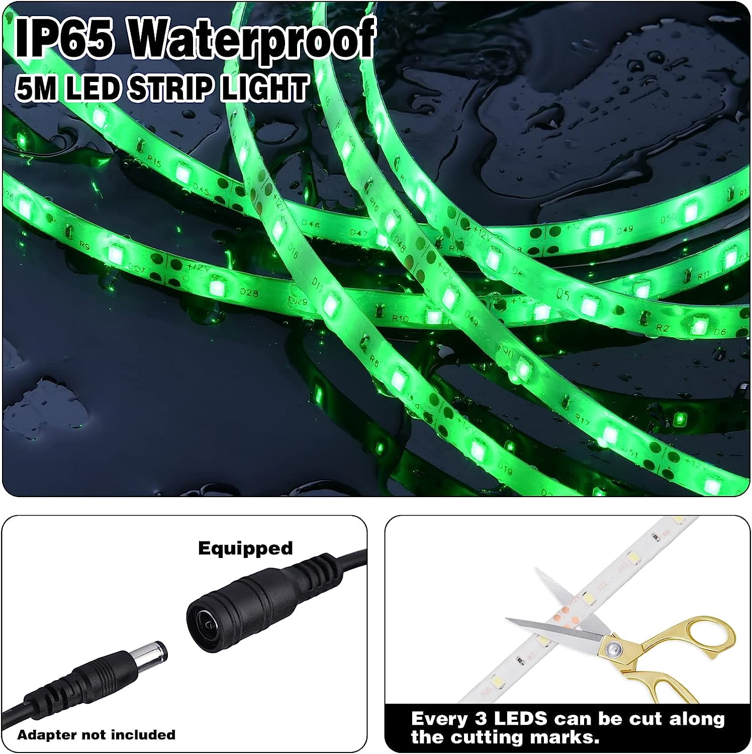 UKLL-12V LED Light Strip IP65 Waterproof Green LED Strip Lights 16.4ft ...