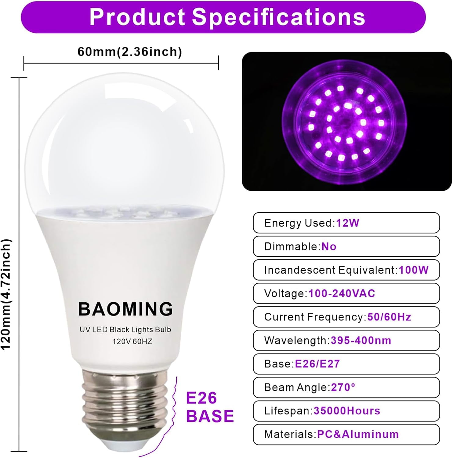 UKLL-12W Black Light Bulb LED Blacklight 12W (100Watt Equivalent), E26 Base 120V, UVA Level 390 ...