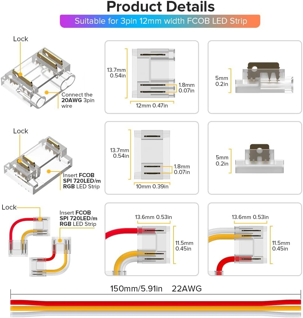 UKLL-12mm COB 3Pin Connectors Kit for RGB Smart IC WS2811 720LED/m ...
