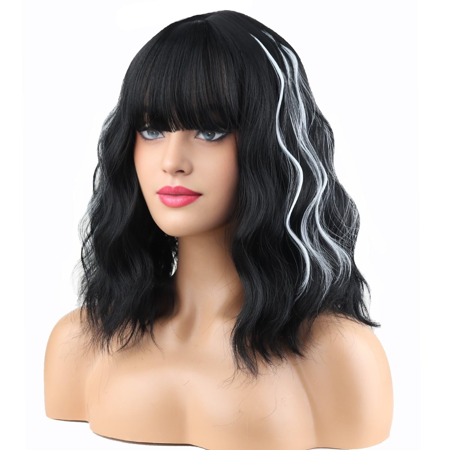 UKLL-14 Inches Black Curly Wig with White Streaks Costume Wigs with ...