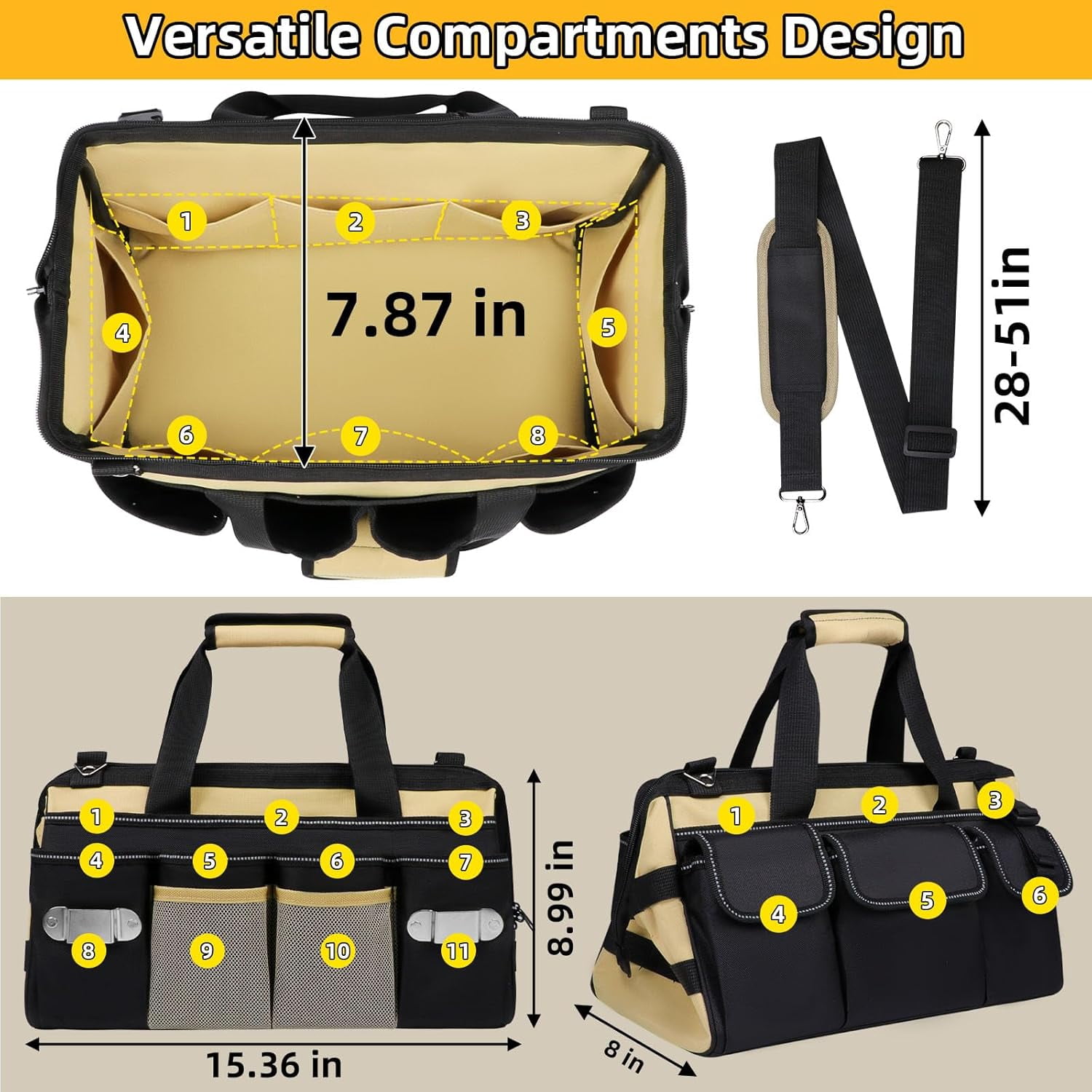 UKLL-15 Inch Heavy Duty Tool Tote Bag with 24 Pockets, Wide Open Mouth Tool Box Organizer Case ...