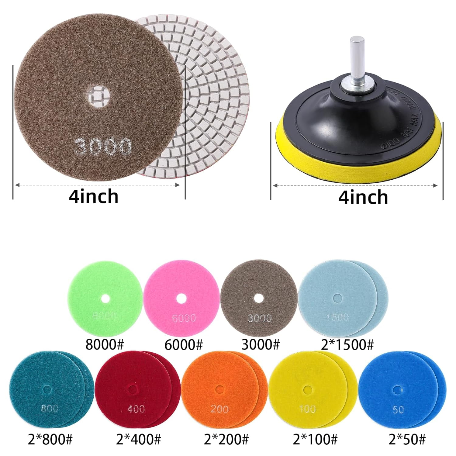 UKLL-16pcs 4" Diamond Wet Polishing Pads with Backer Pad,50-6000 Grit ...