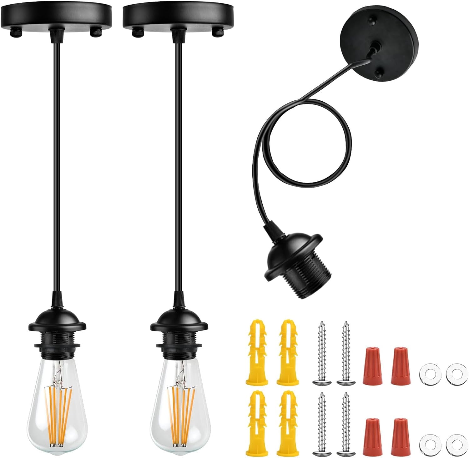 UKLL-2 Pack Black Vintage Pendant Light Kit, UL E26 Pendant Light Cord ...