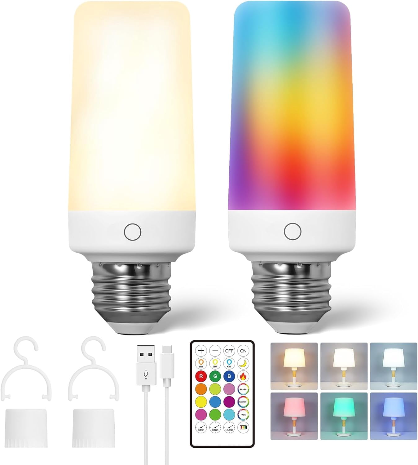 UKLL-2 Pack Rechargeable Emergency Light Bulb with Remote, Color ...