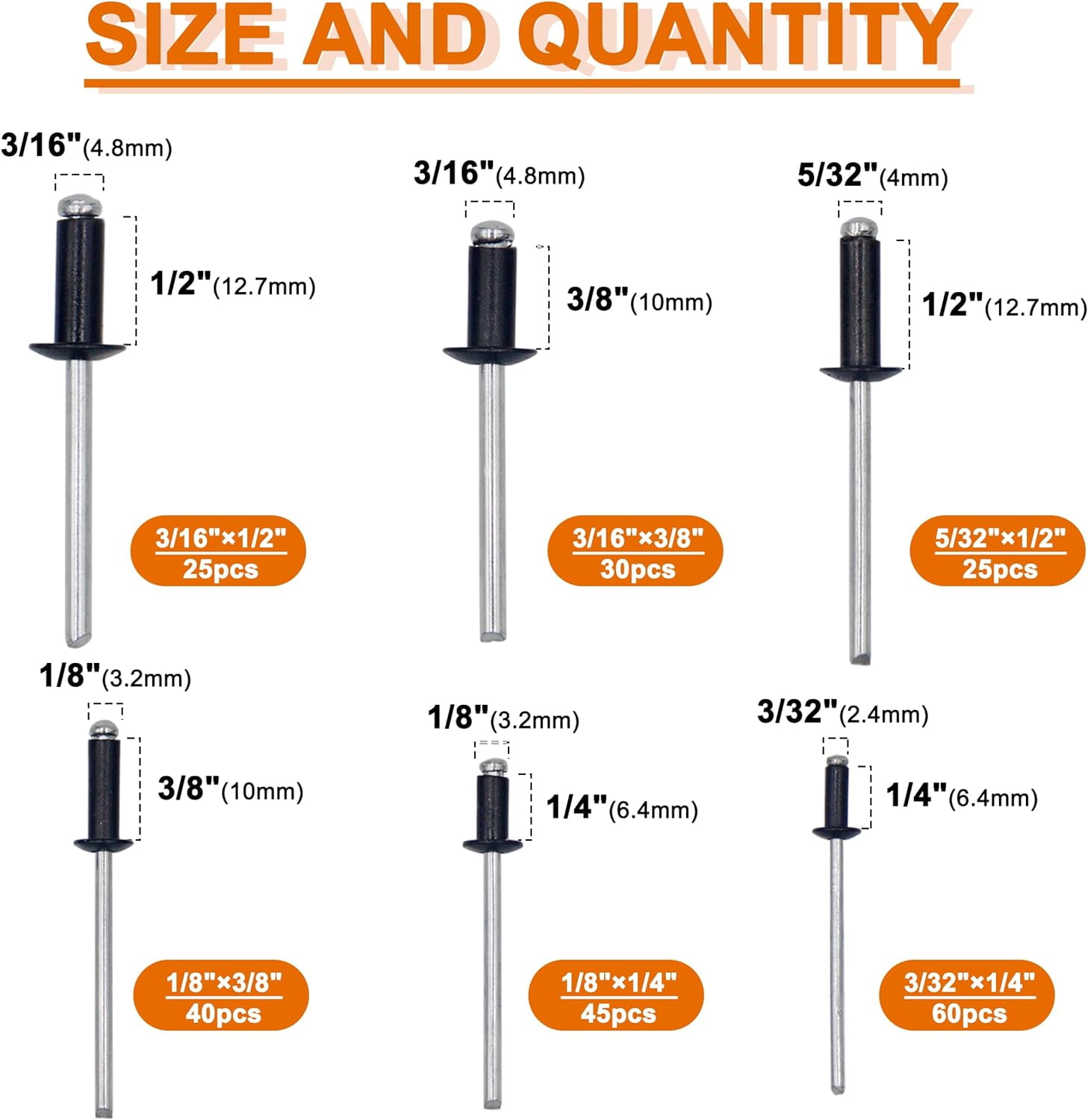 UKLL-225pcs Black Aluminum Blind Rivets Assortment Kit with Heavy Duty ...