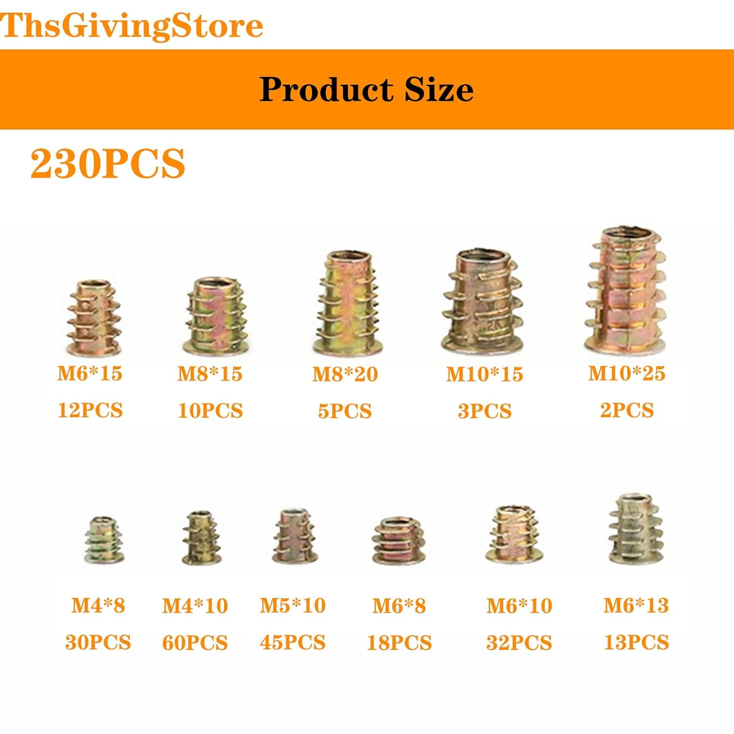 UKLL-230 Pieces 11 Size M4/M5/M6/M8/M10 Threaded Inserts for Wood,Metric Hardware Nuts Inserts ...