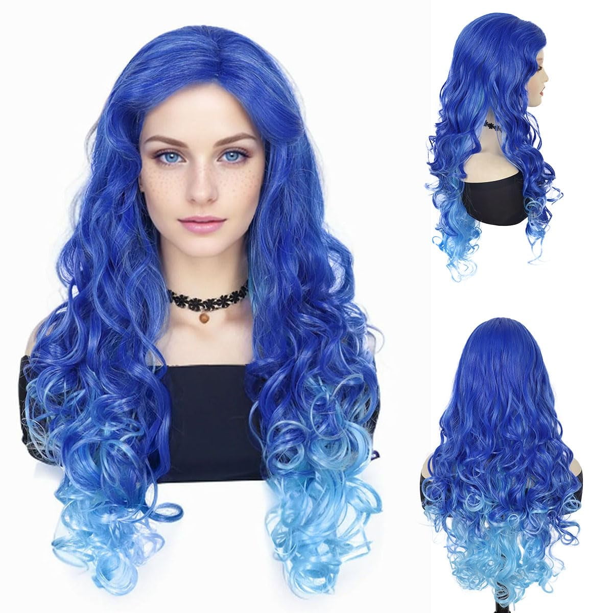 UKLL-24 inch Long Curly Wigs for Women Mesmerizing Ombre Blue Wavy ...