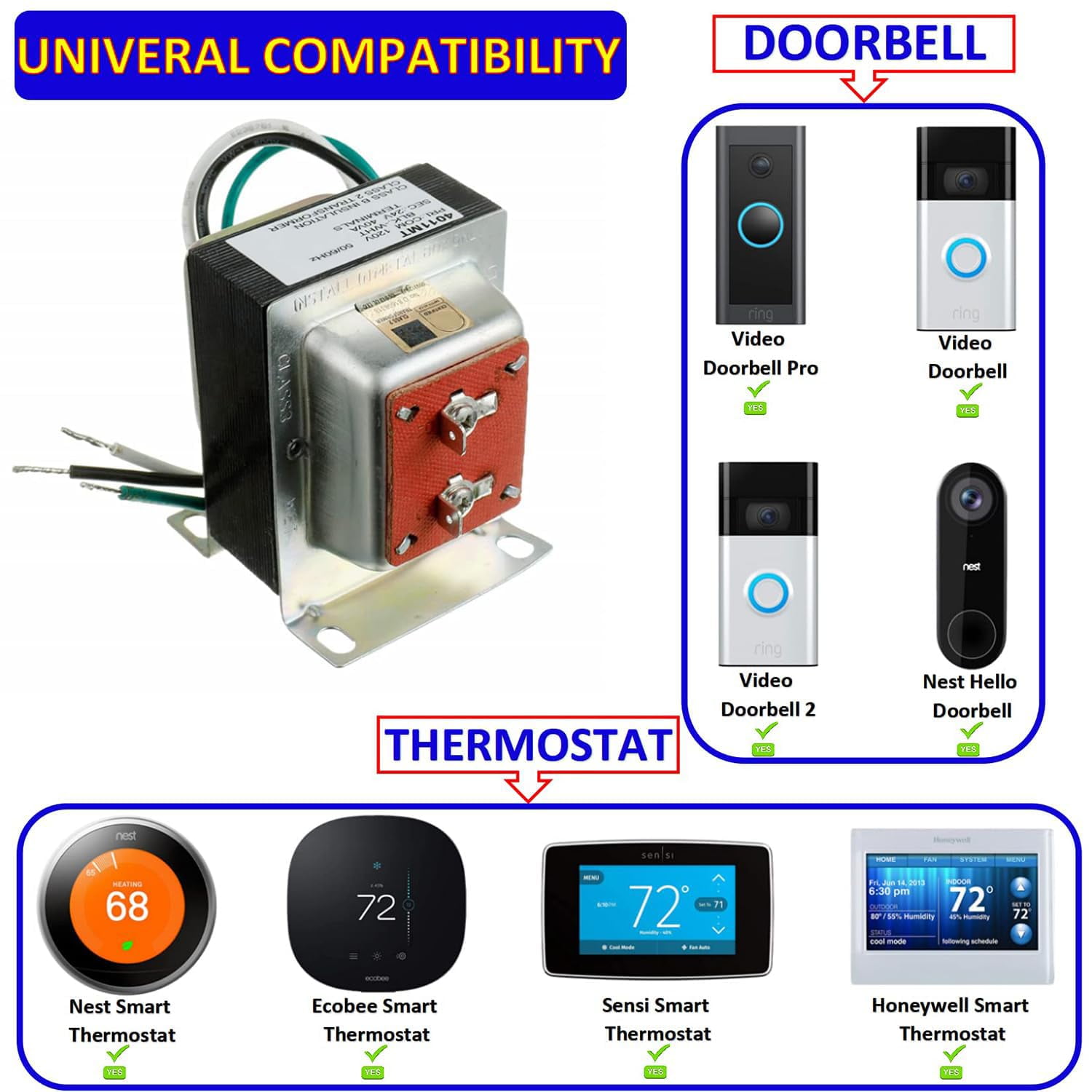 UKLL-24V 40VA Thermostat and Doorbell Transformer, Power Supply ...