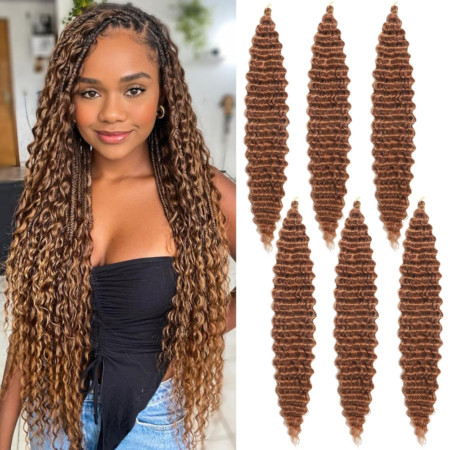 UKLL-26 Inch Ocean Wave Crochet Hair 6Packs Browm Deep Wave Crochet ...