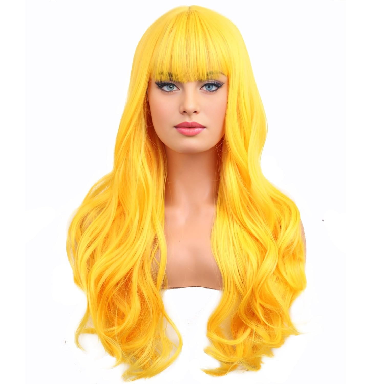 UKLL-26 Inches Yellow Wig Long Wavy Yellow Wig with Bangs for Women ...