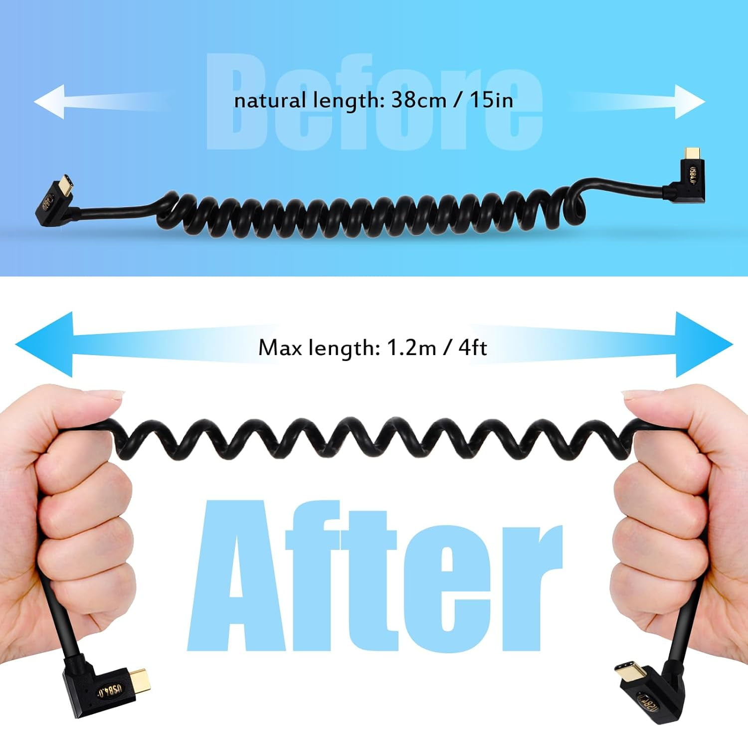 UKLL-3.9ft 40Gbps USB 4.0 Type C Coiled Cable, Straight Male to ...