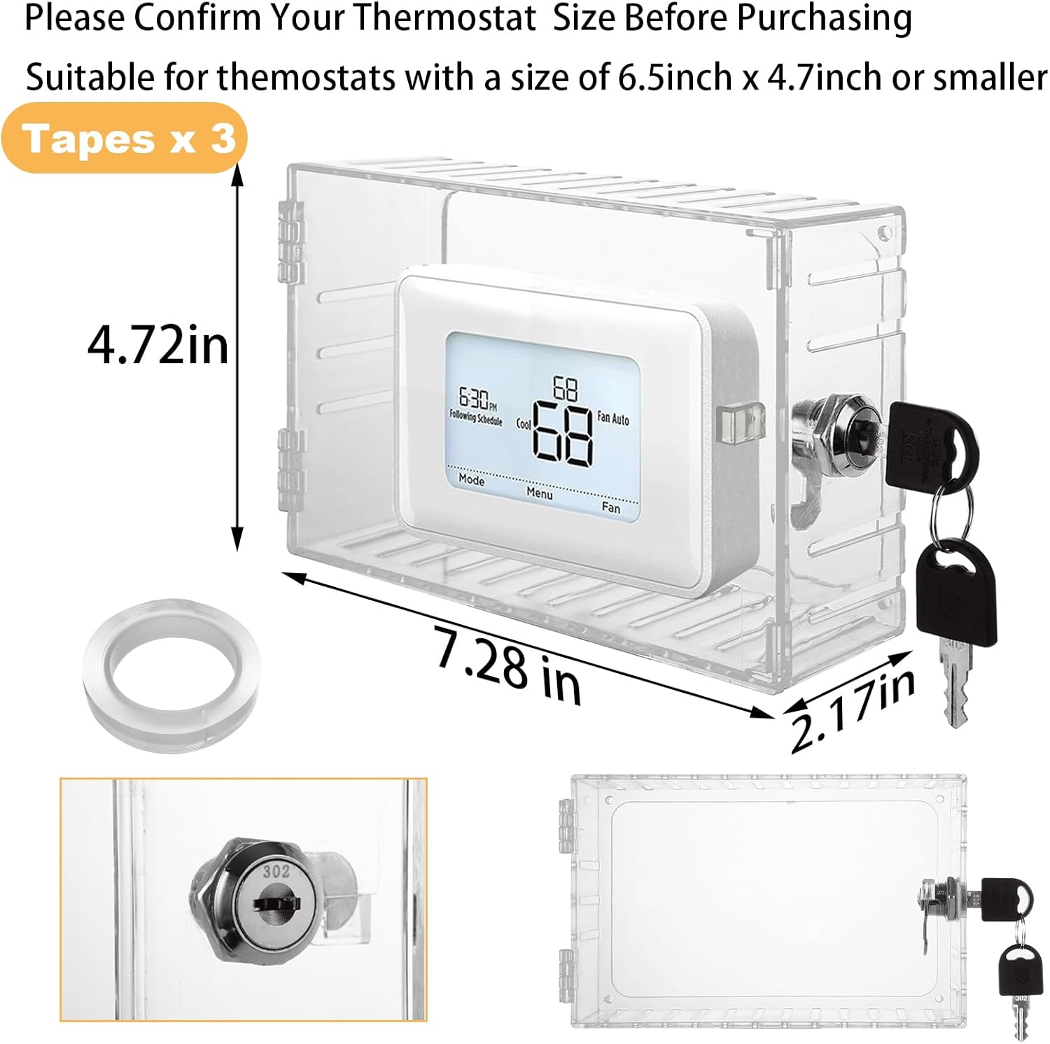 UKLL-3 PCS Large Thermostat Lock Box with Key, Universal Thermostat ...