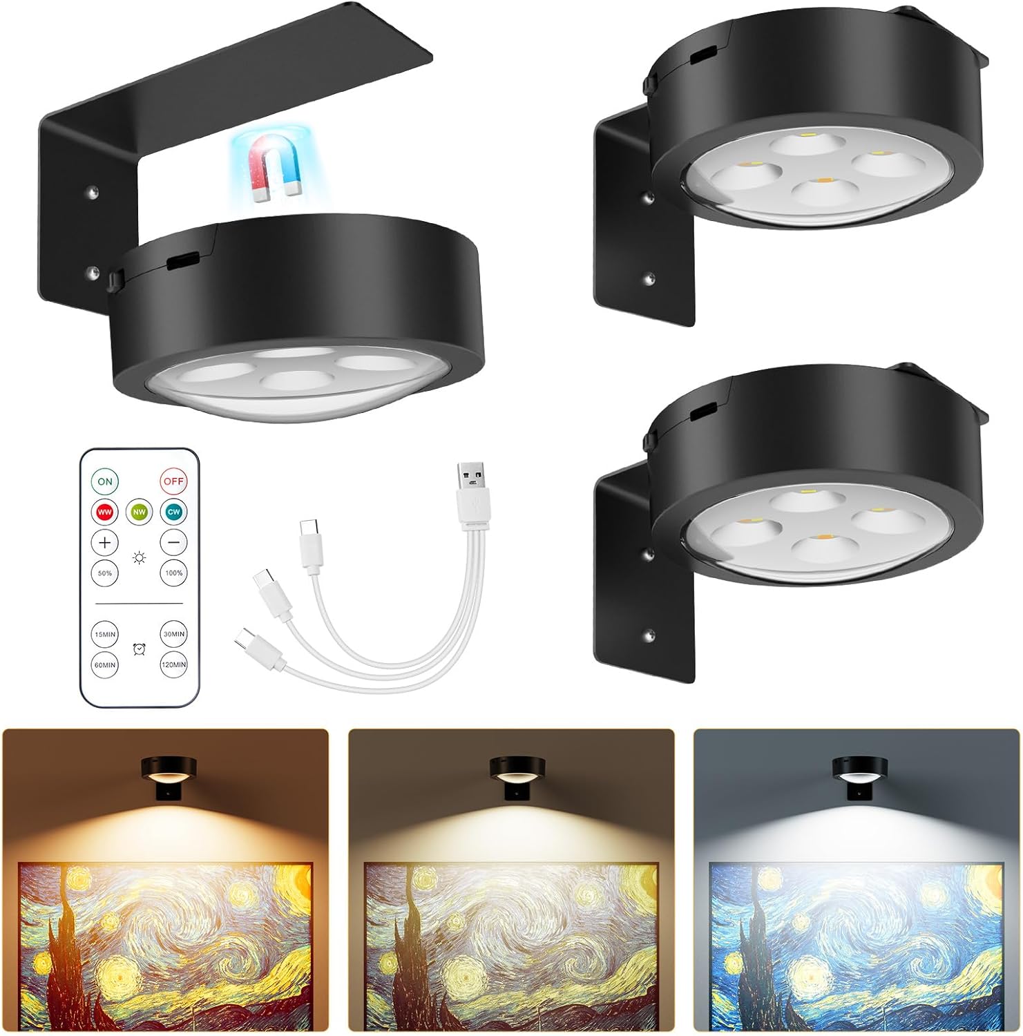 UKLL-3-Pack Picture Lights for Wall,Rechargeable Battery Operated ...