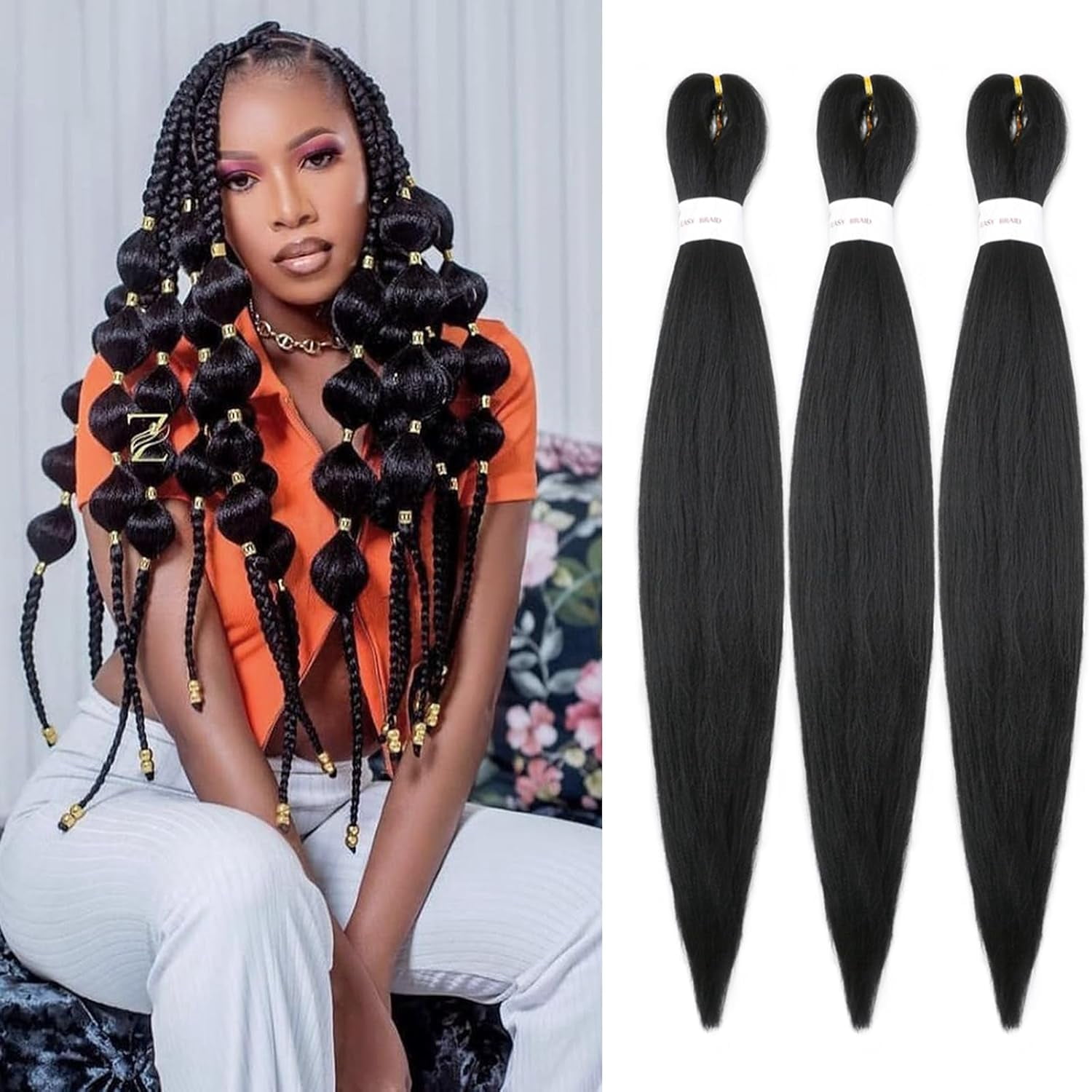 UKLL-3 packs #1B Pre Stretched Braiding Hair 20 inch Natural Black ...